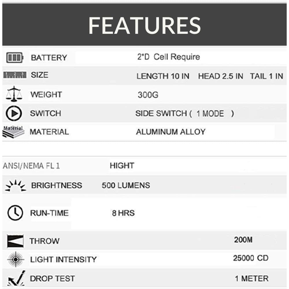 KunHe Heavy Duty 2 D Cell Battery LED Big Flashlights High Lumens Single Mode Flashlight, Aluminum, Ourdoor, Emergency, Power Outage Supplies