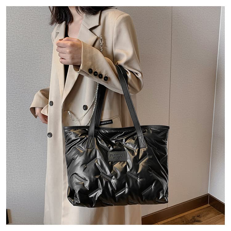olues Big capacity Fashion Women Winter Bag Comfortable Puffer Quilted Tote Handbag Soft Shoulder Bag (Black)