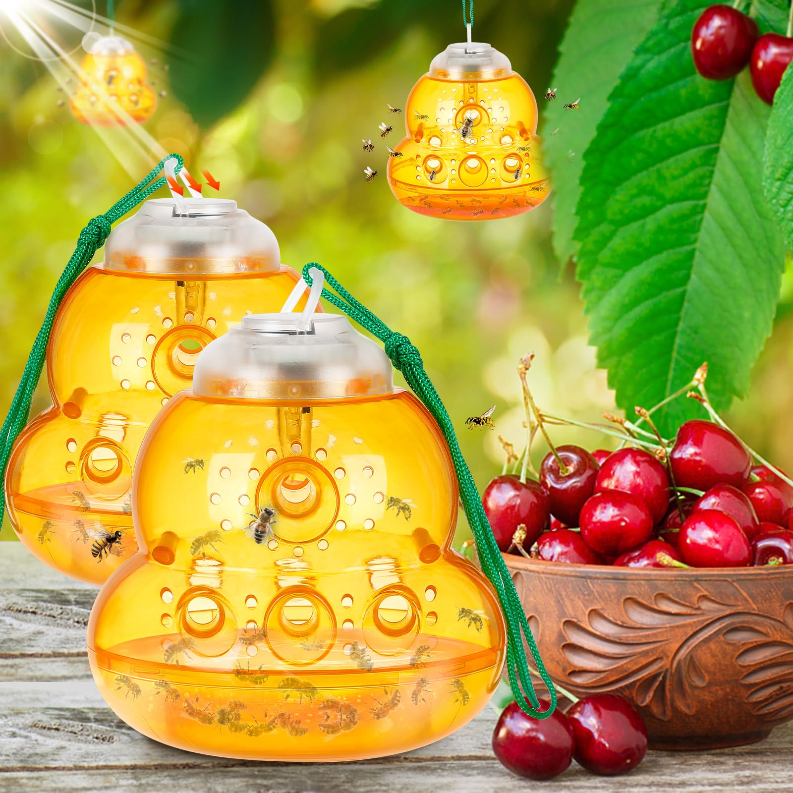 Solar Wasp Trap Outdoor Hanging - New Upgrade LED Blue Light Bee Catcher, Wasp Insect Killer, Solar Panel Non-Toxic Reusable Hornet Yellow Jacket Trap for Garden, Yard (Orange, 2 Pack)