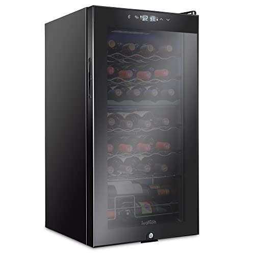 Ivation 28 Bottle Compressor Wine Cooler Refrigerator w/Lock | Large Freestanding Wine Cellar For Red, White, Champagne or Sparkling Wine | 41f-64f Digital Temperature Control Fridge Glass Door Black