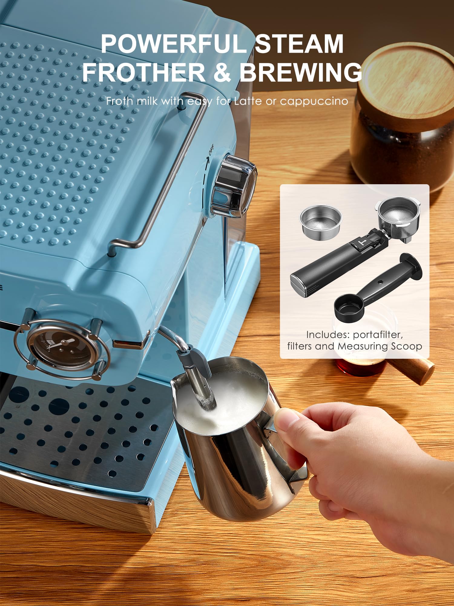 Ihomekee Espresso Machine, Retro Style Espresso Coffee Maker with Fast Heating Automatic, Latte & Cappuccino Maker with Milk Frother Steam Wand, Pressure Gage, Aqua - CM6885A (Retro Style Aqua)