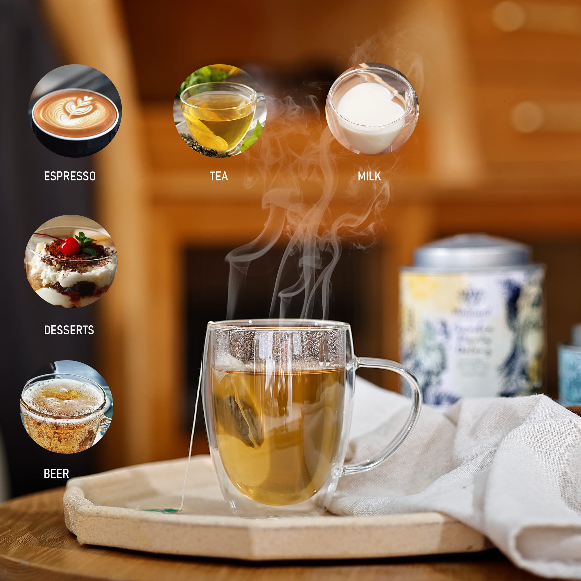 JNSMFC Double Walled Glass Coffee Mugs with Handle,4-Pack 8oz Insulated Glass Coffee Mugs Set,Clear Glass Coffee Cups for Espresso, Latte, Cappuccino,Wine,Tea Bag, Hot Beverage(Extra Spoons)