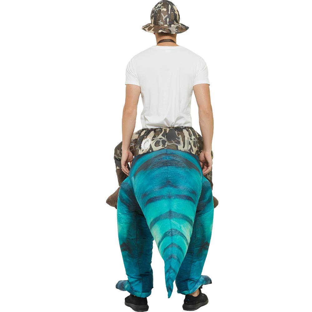 Inflatable Dinosaur Rider Costume Halloween T-Rex, Velociraptor, Blow Up with Inflation Fan (Blue)