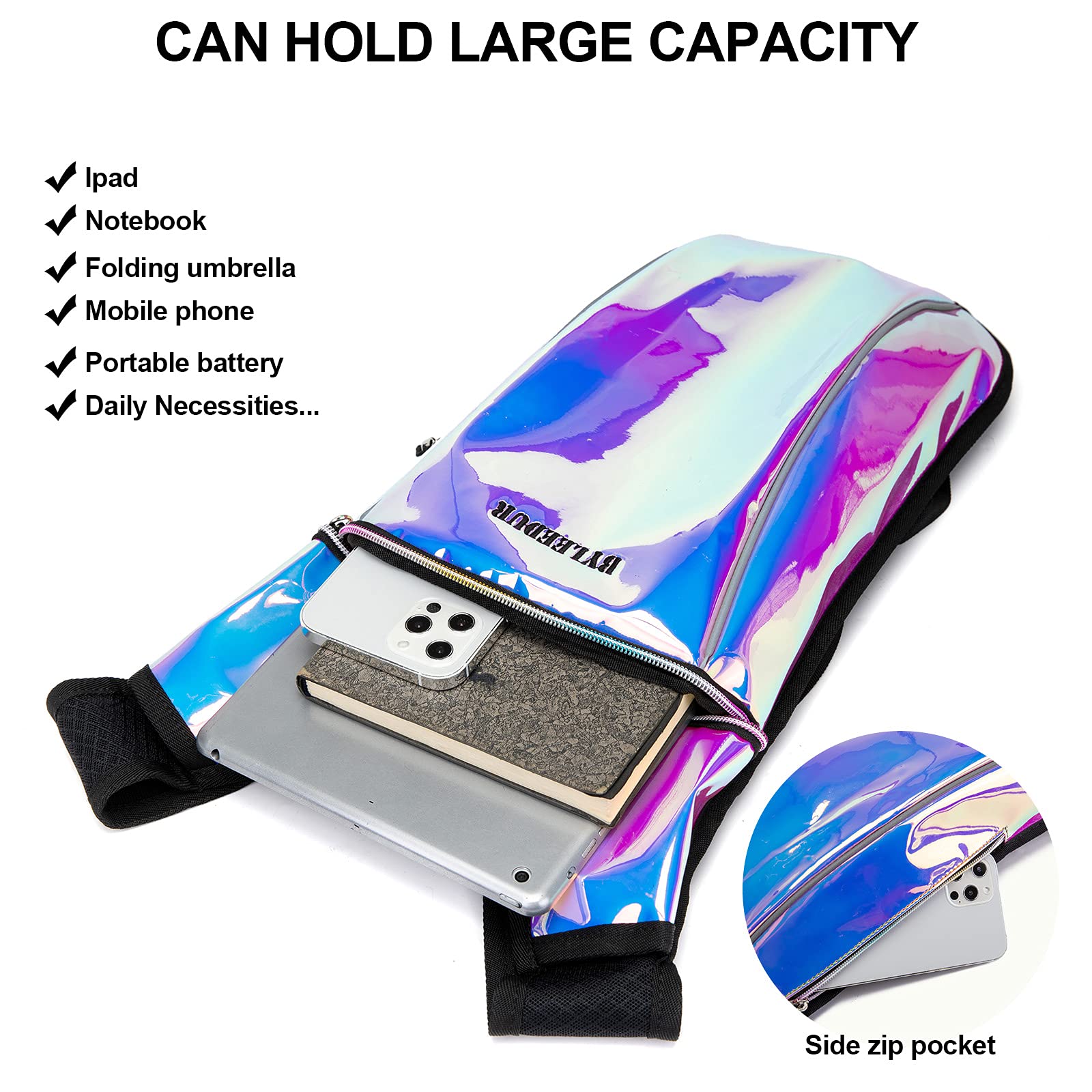 Hydration Backpack with 2L Water Bladder for Men & Women Suitable for Festivals, Raves, Hiking, Biking, Climbing, Running, Outdoors and More (Holographic - Purple)
