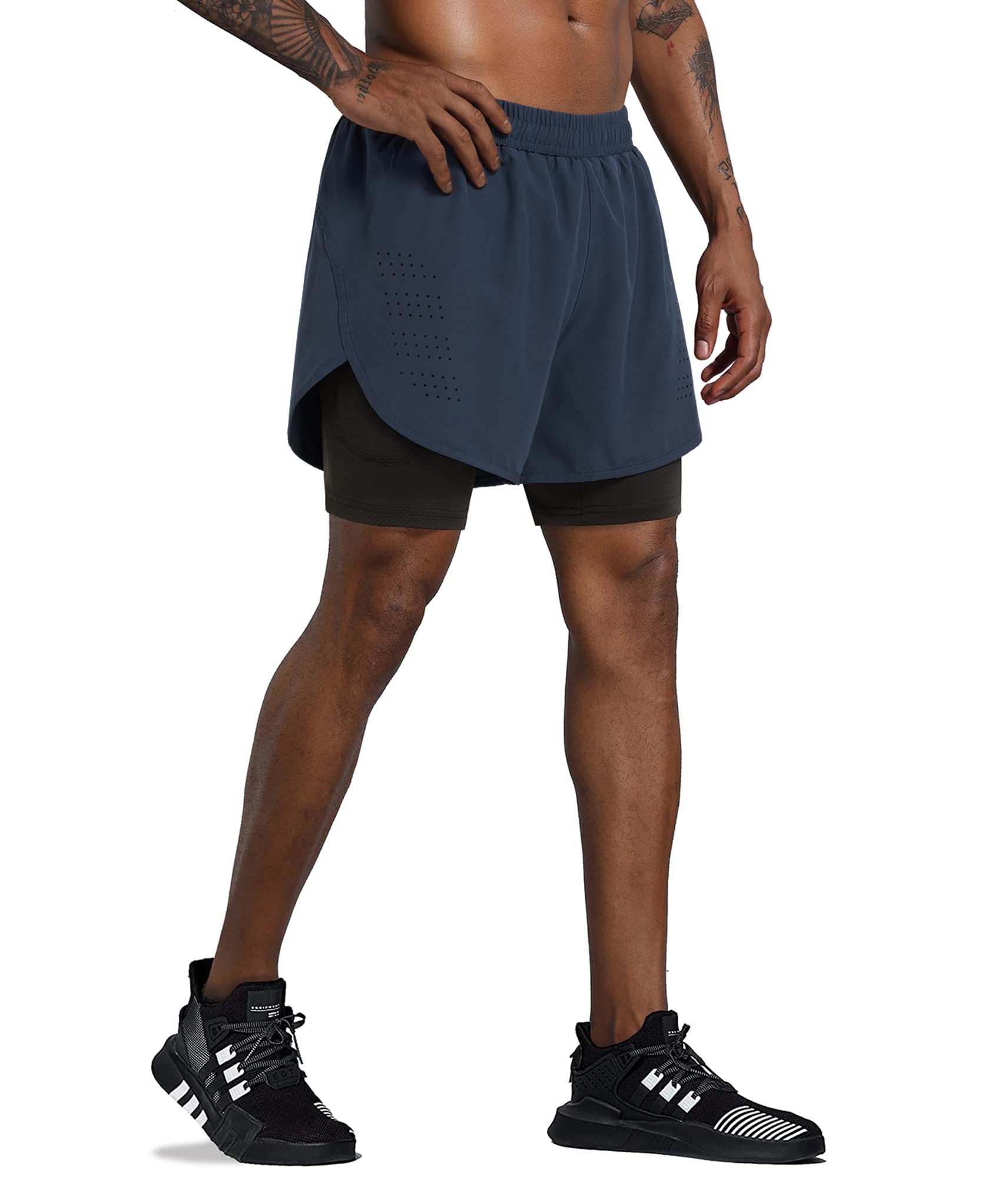 Lulucleaf Running Shorts for Men with Liner Mens 2 in 1 Workout Athletic Yoga Shorts (Dark Blue, L)