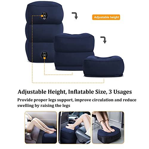 Inflatable Travel Foot Rest Pillow Portable Three Height Layers Adjustable Foot Stool Pillow for Kids & Adults on Plane,Car,Train,Office use Inflatable Foot Rest (Blue)