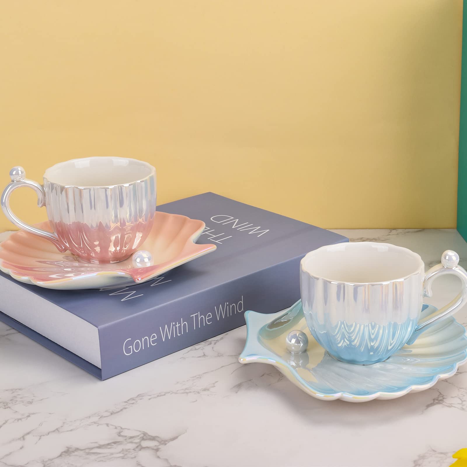 Koythin Ceramic Coffee Mug with Saucer, Creative Pearl Shell Cup, Cute Coffee Mugs for Office and Home, 6.5 oz/200 ml for Tea Latte Milk (Gradient Blue)