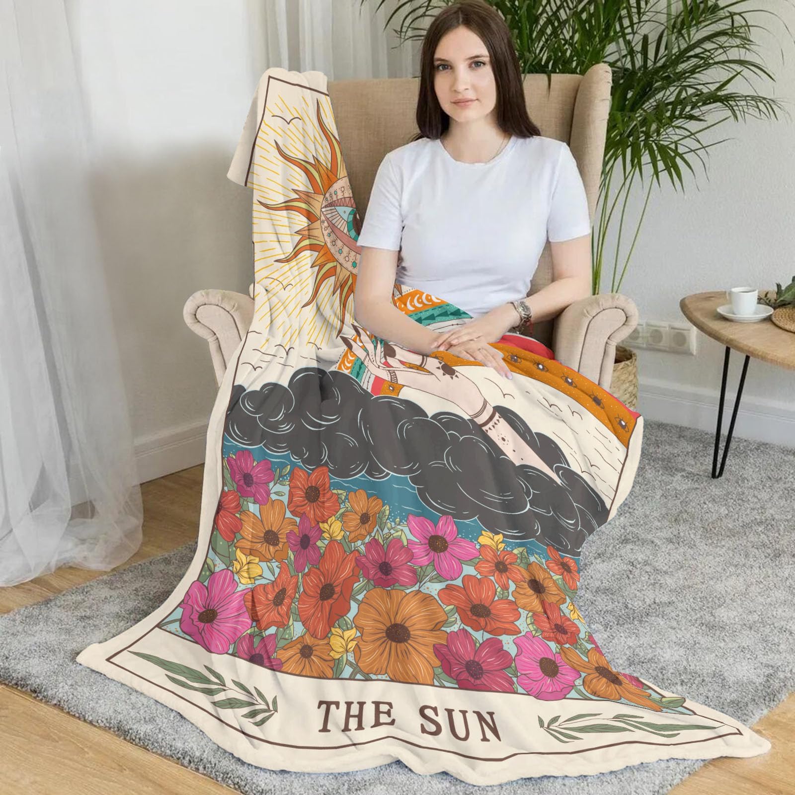 YEXIT Floral The Star Tarot Card Throw Blanket, Boho Zodiac Flower 12 Constellations Pink Cozy Decor Nap Blankets Girls Gift Sofa Bed Couch Chair or Dorm Throws Beige 40×50 inches