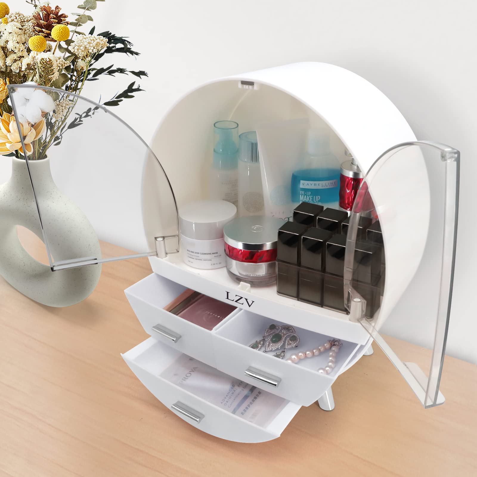 LZV Makeup Organizer, Makeup Storage Organizer with Drawers and Lipstick Holder, Dust Water Proof Make Up Organizers and Storage for Bedroom Vanity and Bathroom Countertop (Grey)