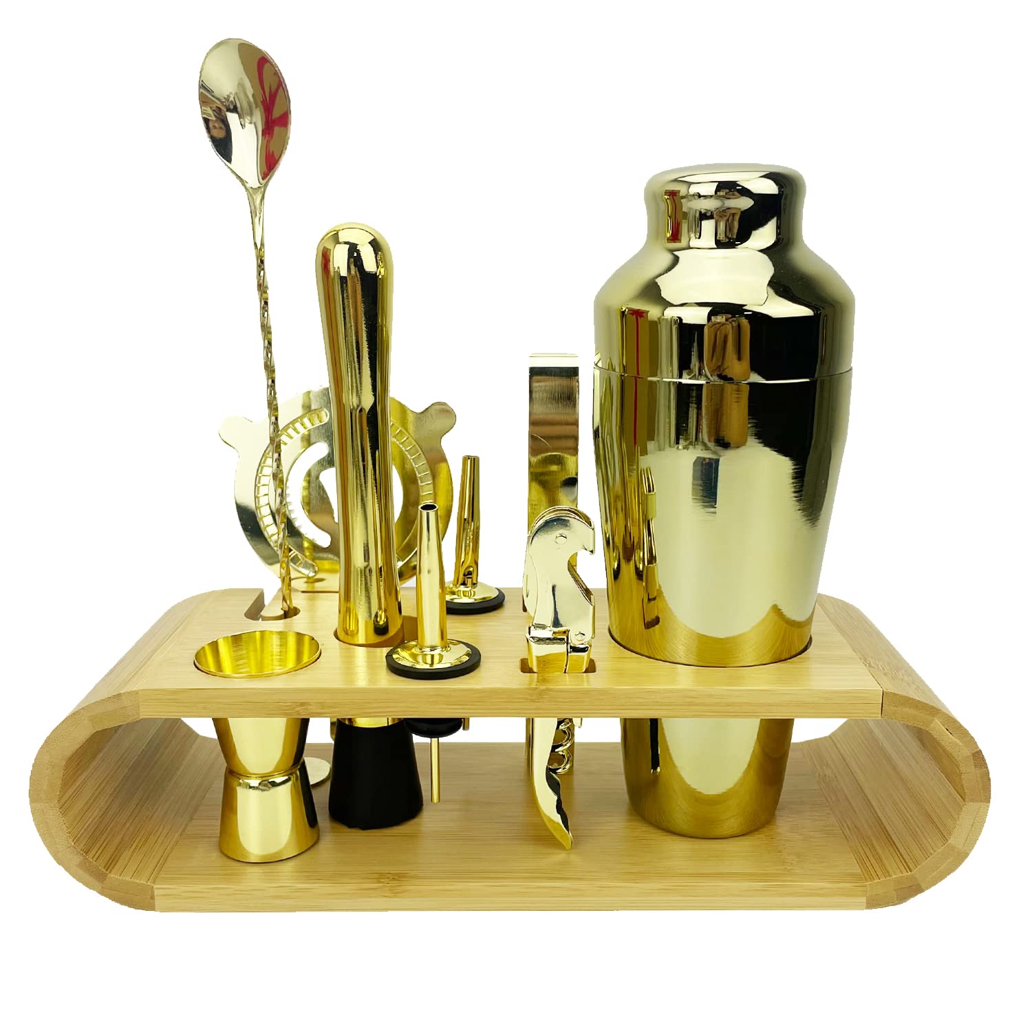 Mixology Cocktail Shaker Set Drink Mixer, 11Piece Bartender Kit Professional Stainless Steel Bar Tool Drink Shakers with Bamboo Stand Bar Accessories - GoldâŚ