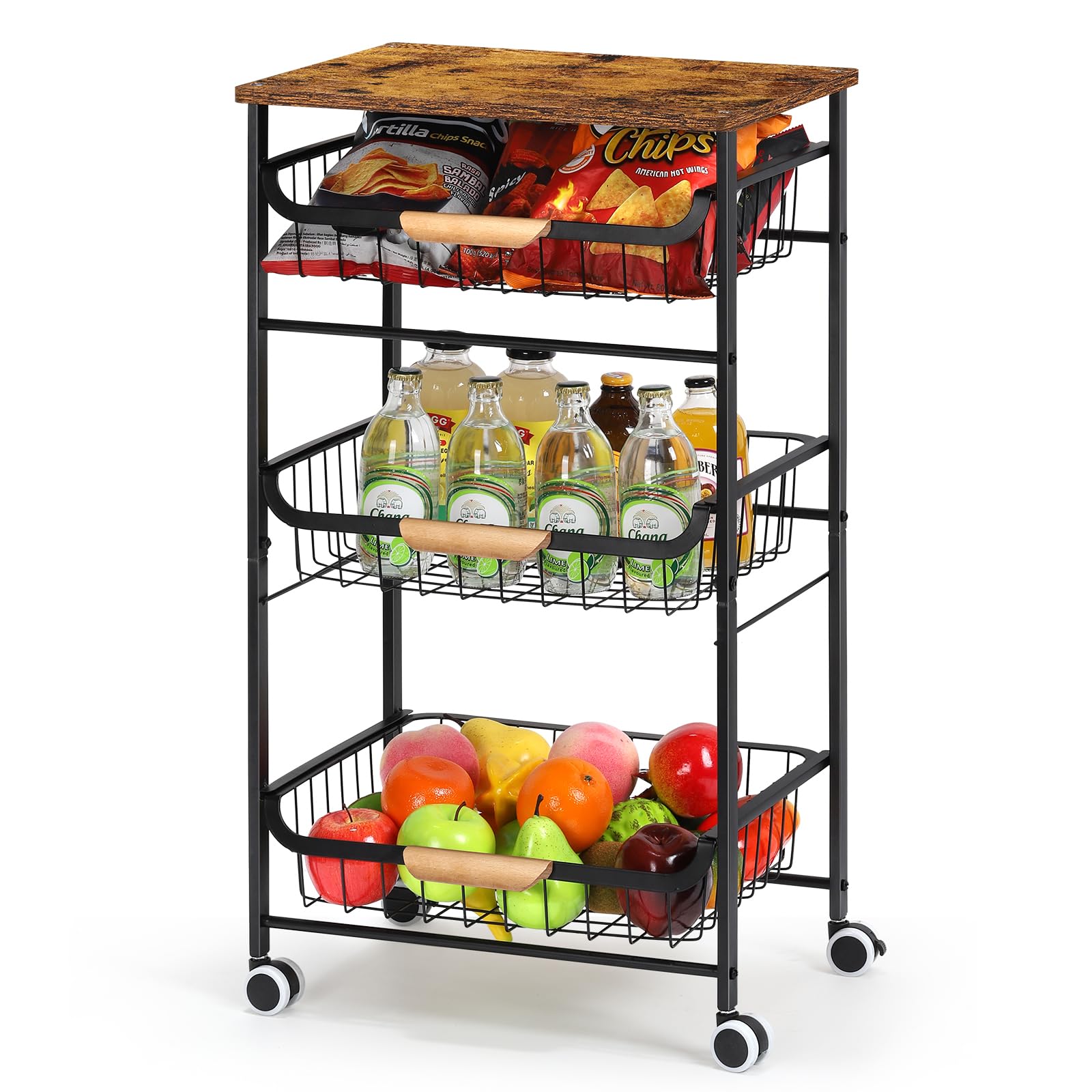HEOMU 5 Tier Rolling Kitchen Storage Cart, Metal Microwave Stand Kitchen Island Cart on Wheels with Storage for Kitchen, Bathroom, Living Room, Bar, Office, Rustic Brown