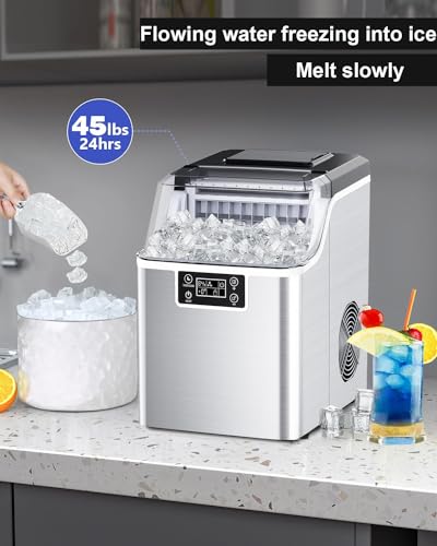 Kndko Ice Cube Maker Machine Countertop, 2 Ways to Add Water, 45Lbs/Day, 24 Pcs Ready in 13 Mins, 2.6 lbs Capacity, Ice Makers Countertop with 24H Timer for Home Bar RV,Stainless Steel Ice Maker
