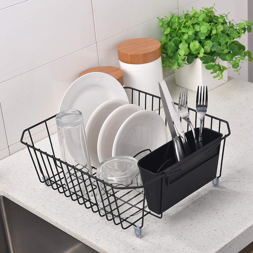 IKEBANA Black Simplicity Dish Drying Rack, Stainless Steel Dish Racks Rustproof for Kitchen Counter, Kitchen Chrome Finish Wire Dish Rack, Small Dish Drainer Rack with Removable Cutlery Holder