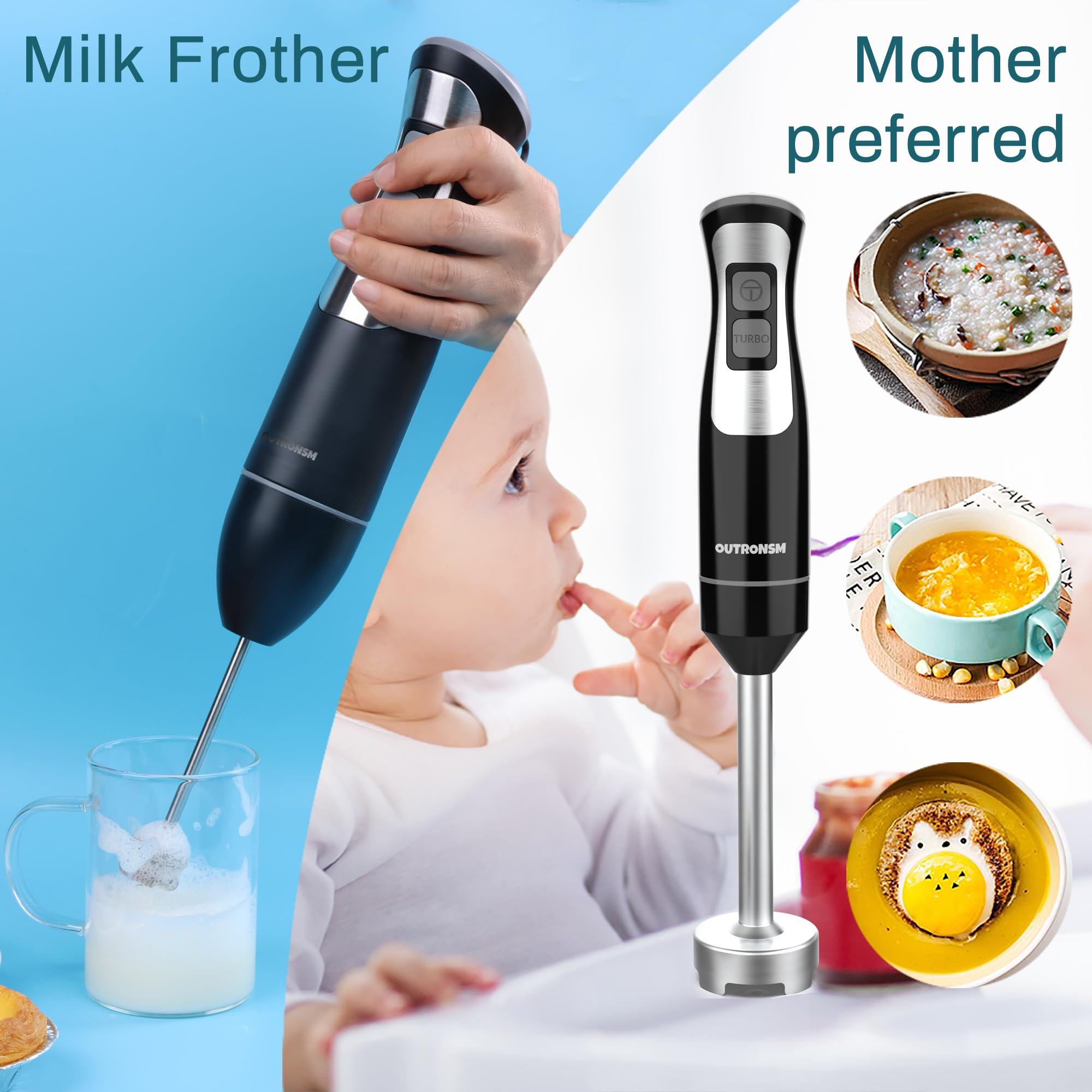 Immersion Blender Handheld, OUTRONSM Hand Blender with 4-point thickened SS blades, Milk Frother, Egg Whisk for Coffee Milk Foam, Puree Baby Food, Smoothies, Sauces and Soups โ Black