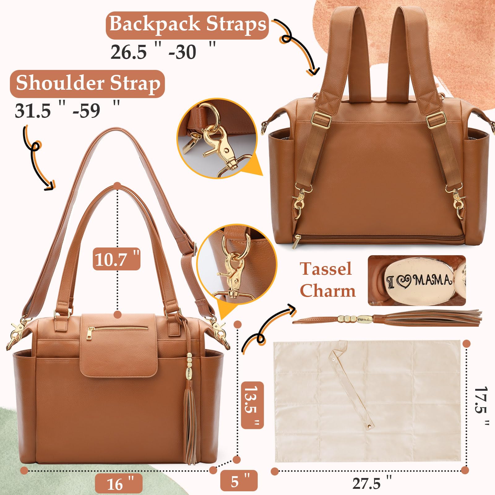 Omanmoli Diaper Bag Tote Leather Diaper Bag Backpack Large Baby Diaper Bag 14 Diaper Bag Organizing Pouches,Changing Pad,Crossbody Strap,4 Insulated Pockets,Brown