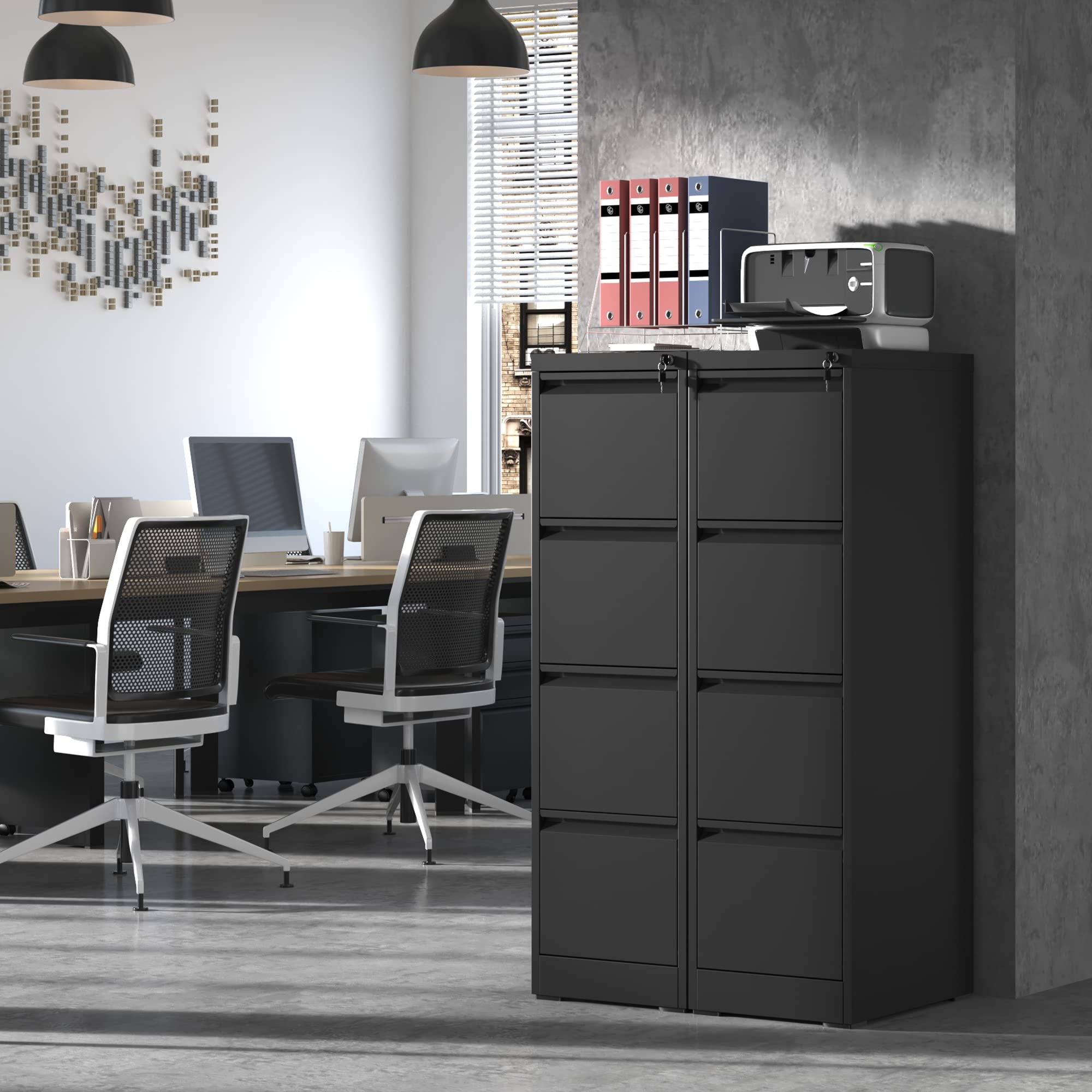 IKIMI 4 Drawer File Cabinet,Metal Filing Cabinets with Lock,Black Vertical File Cabinet for Home Office,Heavy Duty Metal Storage Cabinet for A4/Letter/Legal Size File,Assembly Required