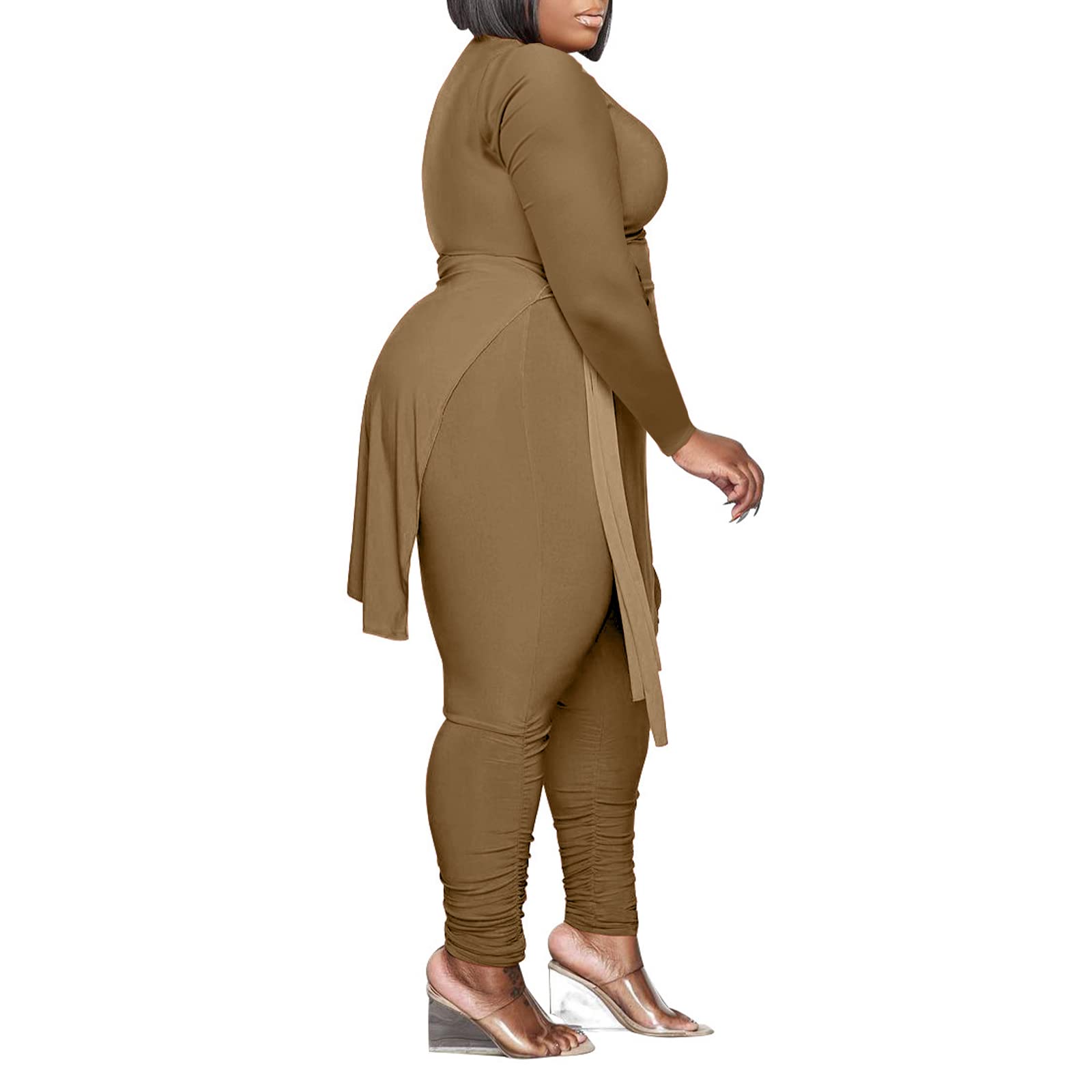 IyMoo Womens Plus Size 2 Piece Outfits - Long Sleeve Irregular Hem Top High Wiasted Pants Workout Set Sweatsuit Khaki XL