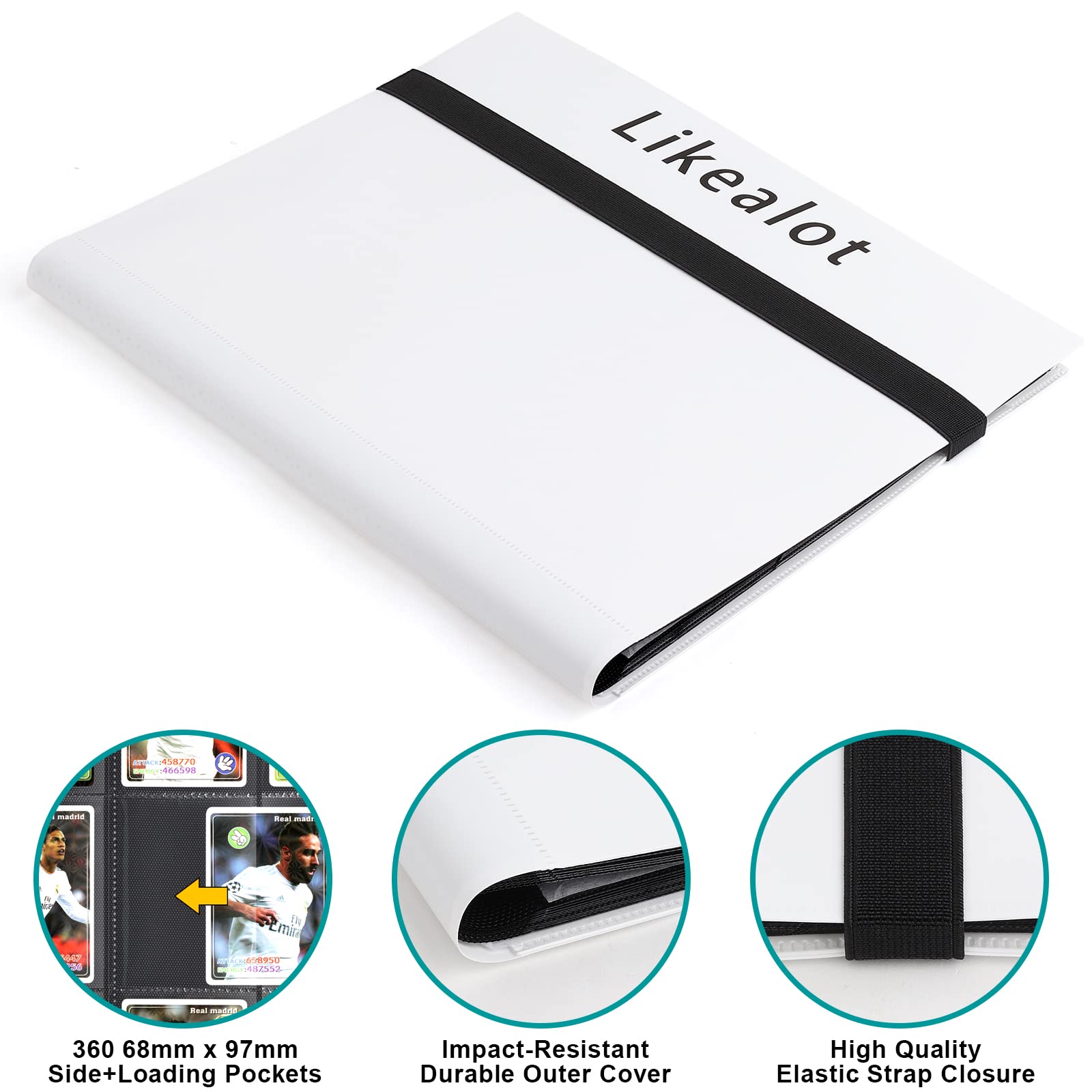 Likealot Trading Card Binder, 9 Pocket Trading Card Album Folder, 360 Side Loading Pocket Card Collection Binder for TGC, MTG, Yugioh (White)
