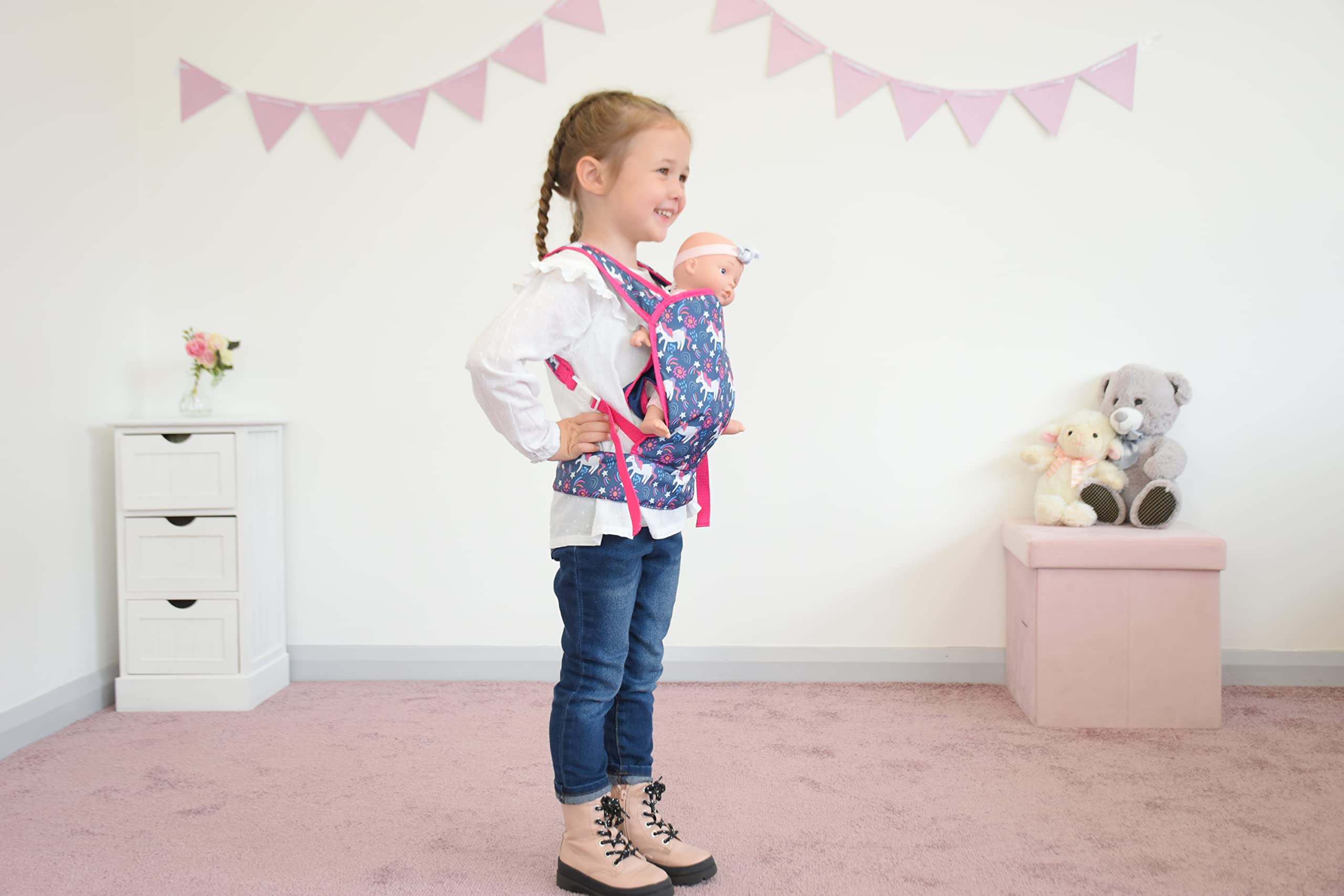 KOOKAMUNGA KIDS Baby Doll Carrier - Adjustable Straps to Fit All w/Comfort Padding - Works as a Front Doll Carrier or Doll Backpack Carrier - Soft Headrest - Ideal for Dolls Up to 18” - Navy Unicorn