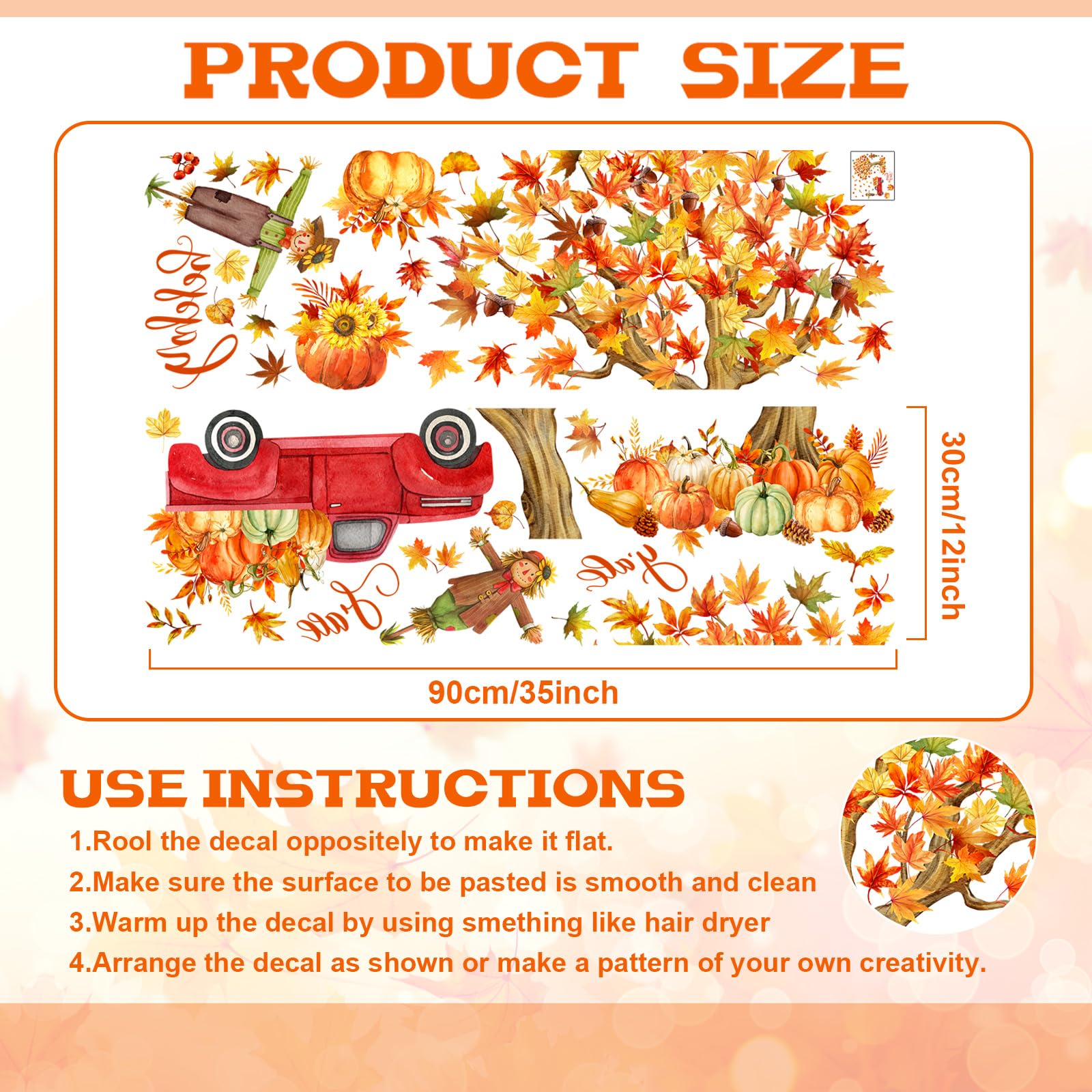Resurhang Fall Maple Leaves Wall Decals Fall Tree Scarecrow Pumpkin Truck Wall Decor Sticker Thanksgiving Removable Fall Leaves Wall Decor Cute Autumn Wall Mural Art for Classroom Bedroom Decor