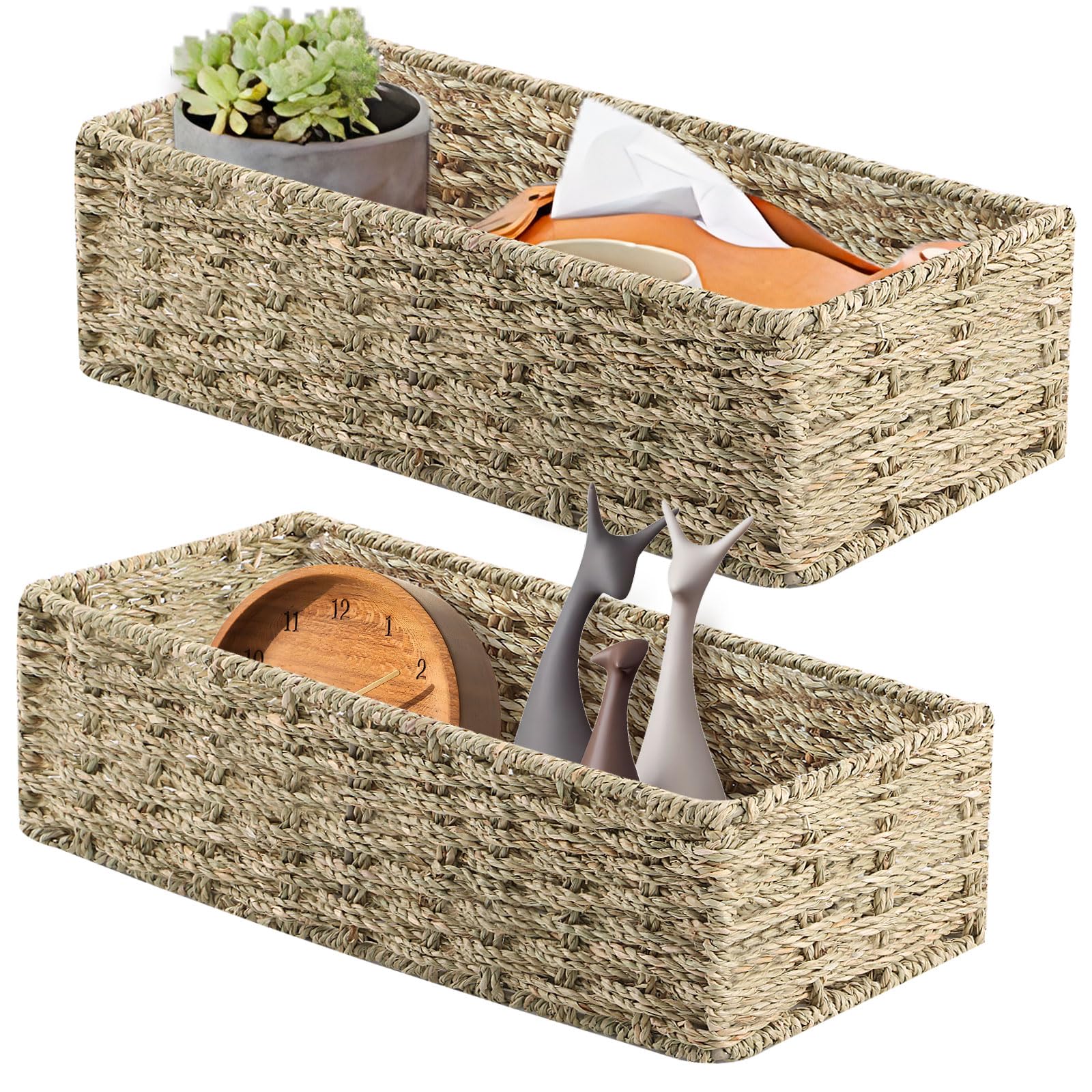 YheenLf Wicker Storage Baskets, Decorative Open Storage Bins for Shelves, Woven Baskets Storage Containers, Storage Box, Seagrass, Set of 2, 14.6 x 6.5 x 4.3 in