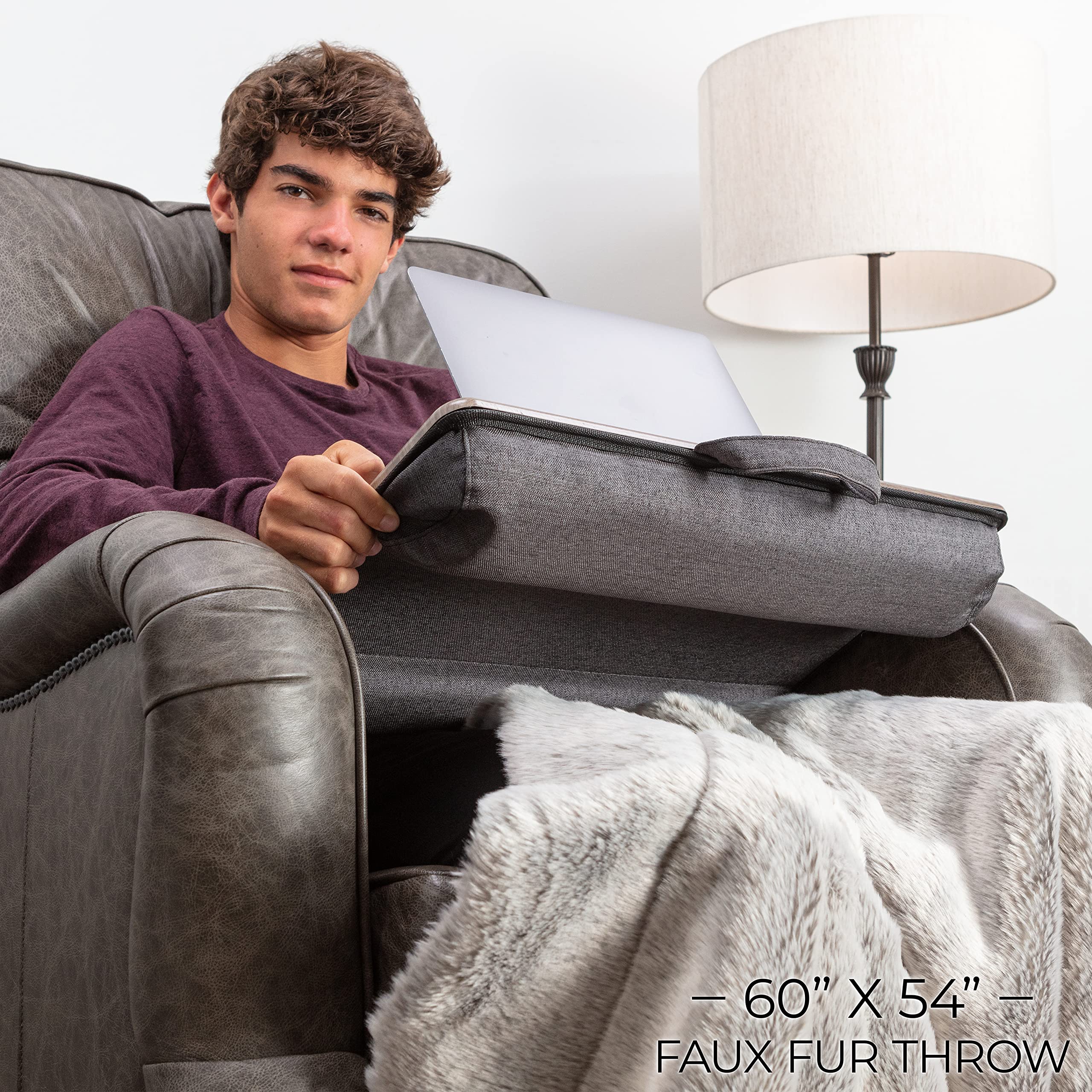 Husband Pillow Combo - Backrest Pillow with Arms : Medium Red & Foldable Laptop Tray : Gray - Memory Foam Reading Pillows for Bed w/Removable Neck Roll & Laptop Bed Tray Table