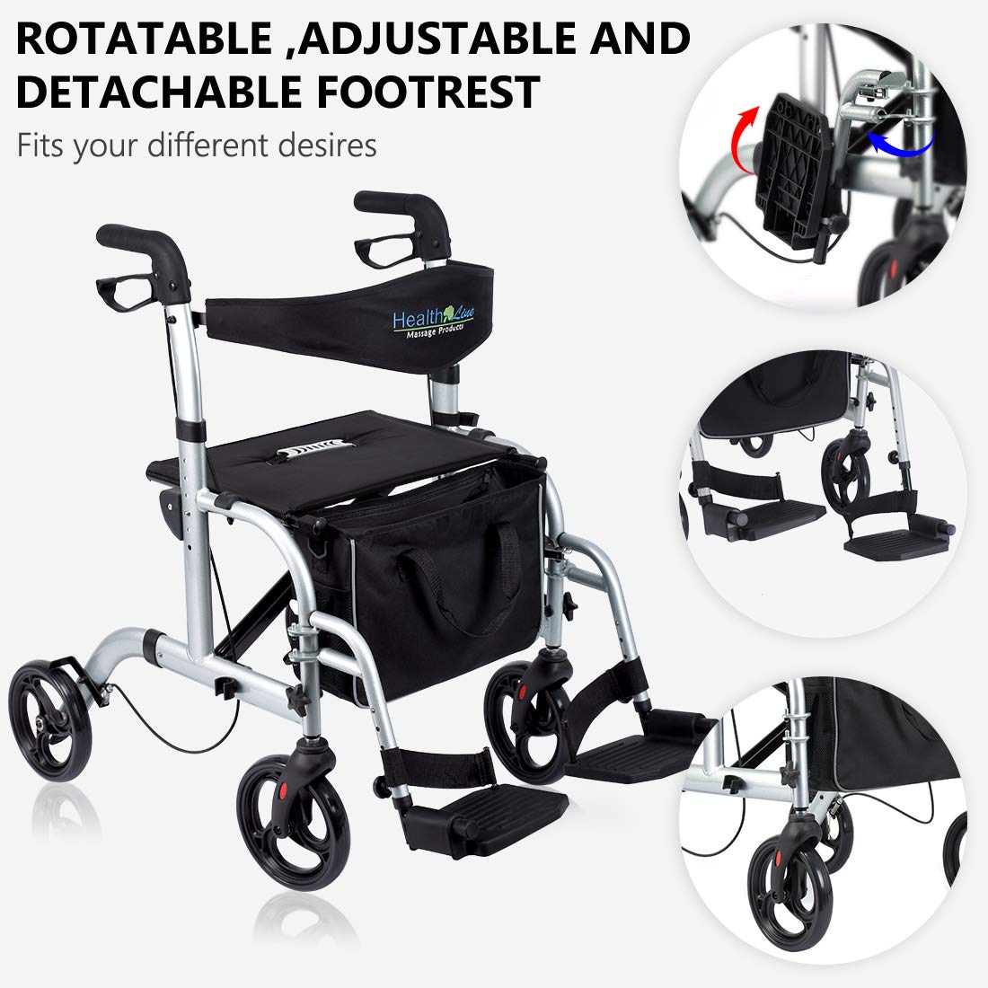 Health Line Massage Products 2 in 1 Rollator-Transport Chair w/Paded Seatrest, Reversible Backrest and Detachable Footrests, Silver White