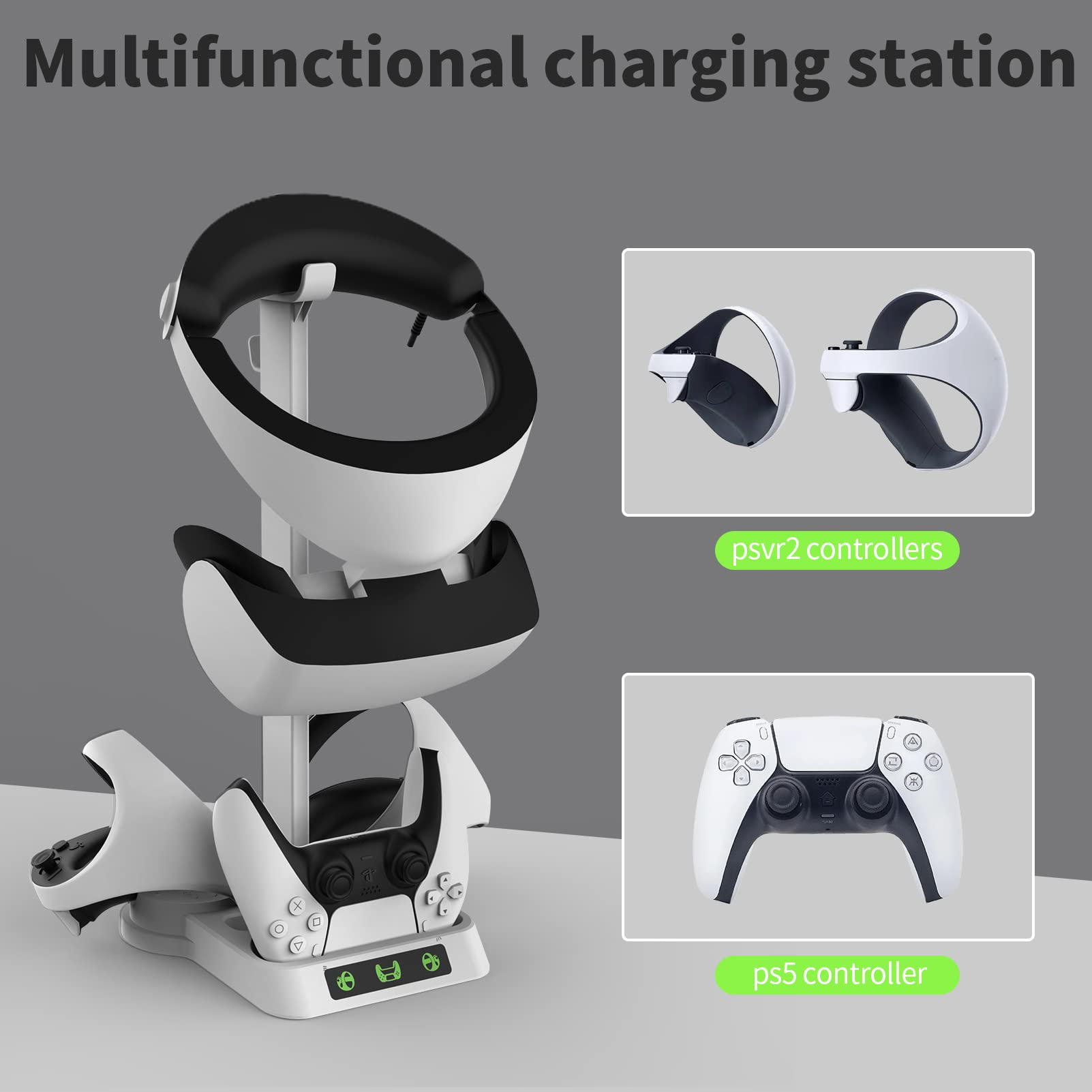 MVRPDXC Controller Charging Station for PSVR2 and PS5, Dual PlayStation VR2 Fast Charging Dock with LED Light, PS5 VR2 Headset Display Stand, PS VR2 Controller Mount with Magnetic Connector