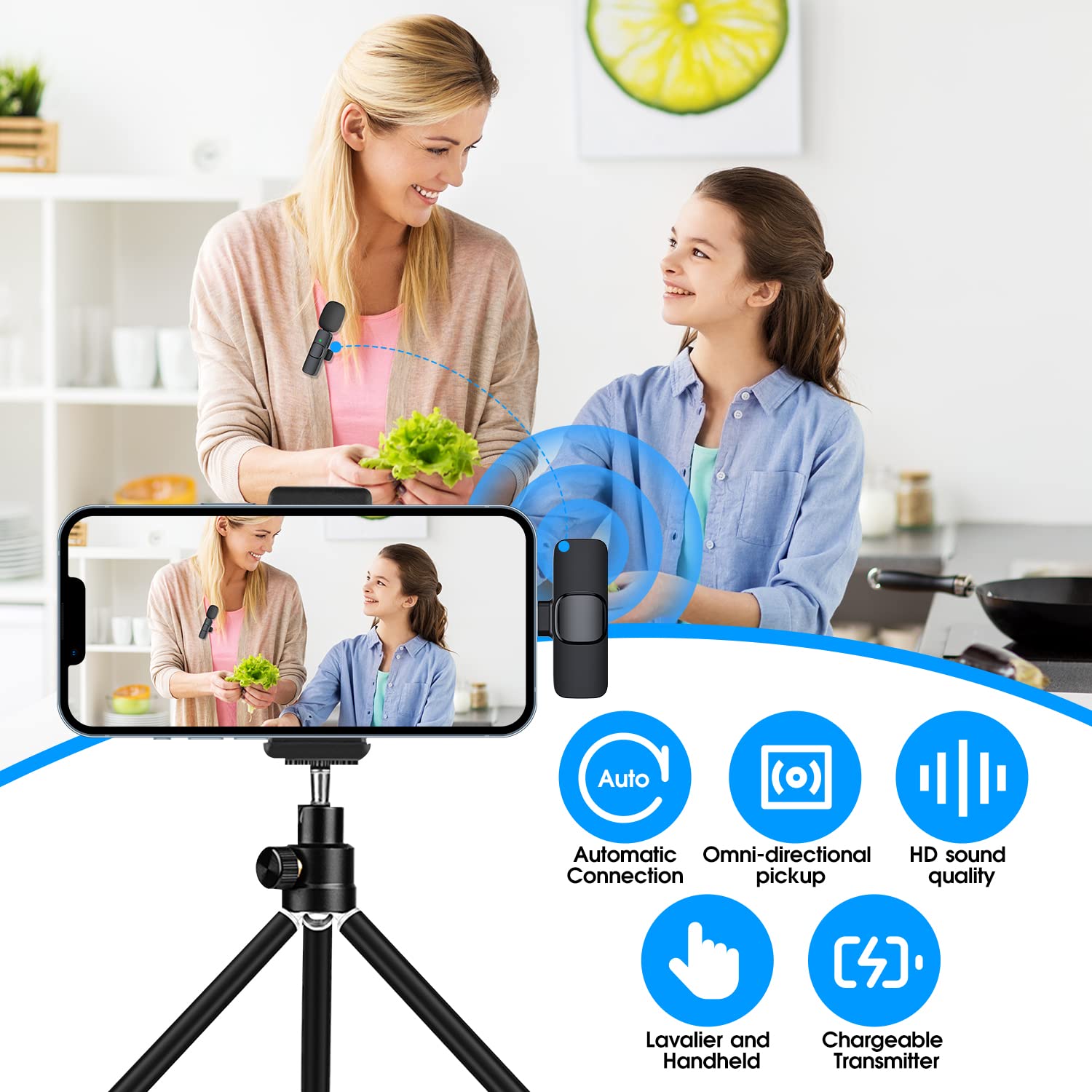Kopdkes Professional Wireless Lavalier Microphone for iPhone iPad, Plug-Play 2.4G Ultra-Low Delay-Built-in Noise Reduction Chip-Lapel Microphone for Interview, Podcast, Vlog, YouTube