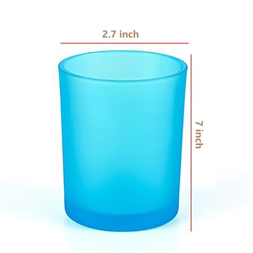 R FLORY 7+7 oz Glass Jars Set of 2 Thick Glass Candle Jars with Bamboo Lids Bathroom Canisters Holder Vanity Cotton Swabs Storage (Frosted Blue)