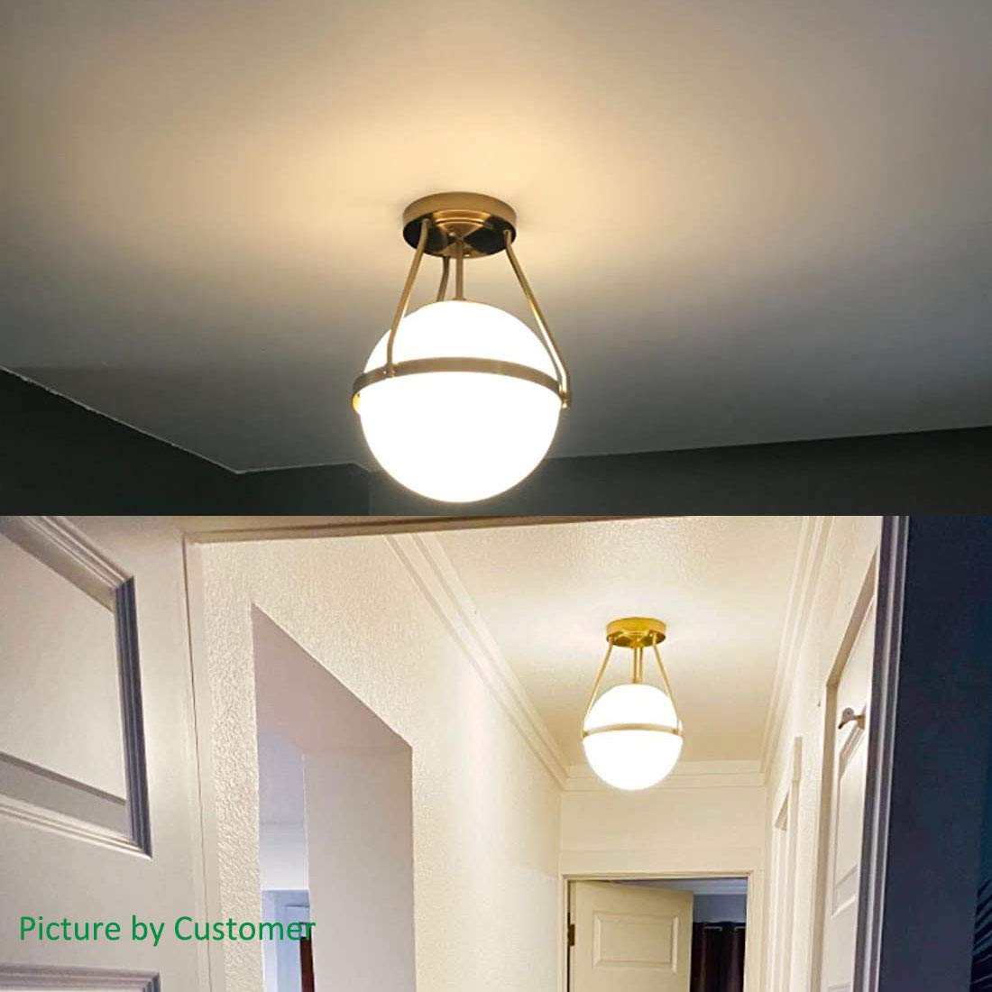 HOLKIRT Mid Century Modern Globe Semi Flush Mount Ceiling Light Fixture,White Opal with Brass Finish,Living/Dinning Room