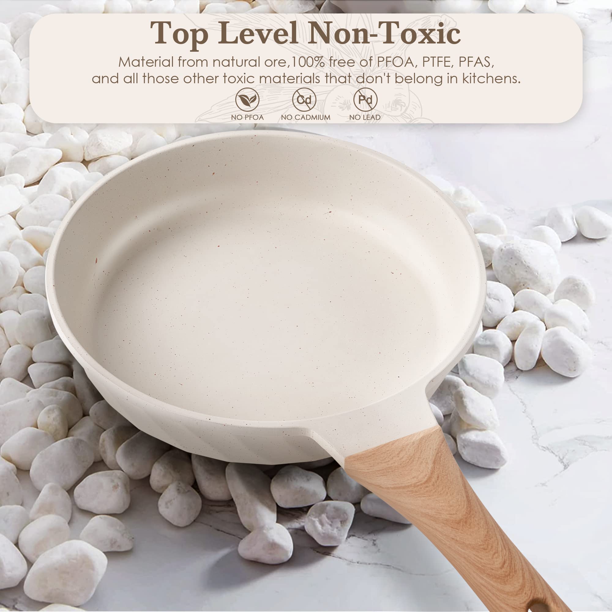 YIIFEEO Non-stick Frying Pans - Beige Nonstick Frying Pan Set Egg Omelette Pans for Cooking Set, Healthy Granite Skillet Set Kitchen Induction Cookware Chef's Pan Christmas Gift, 8", 9.5" &11"