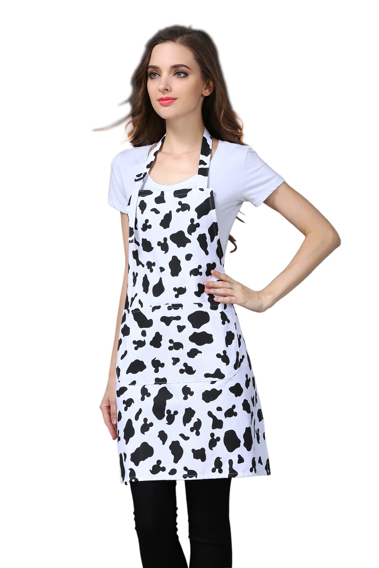 Love Potato Cute Women Girls Cooking Kitchen Apron with Pockets Black White Cow Print Bib Apron Gift, White