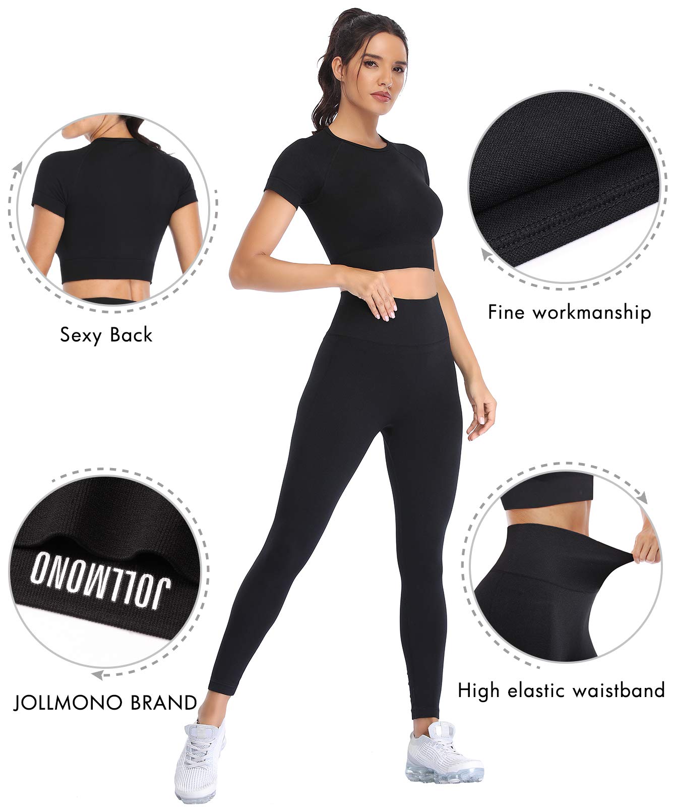 JOLLMONO 2 Piece Short Sleeve Outfits for Women Seamless Crop Tops Set for Women Workout Set(8005S-Black)