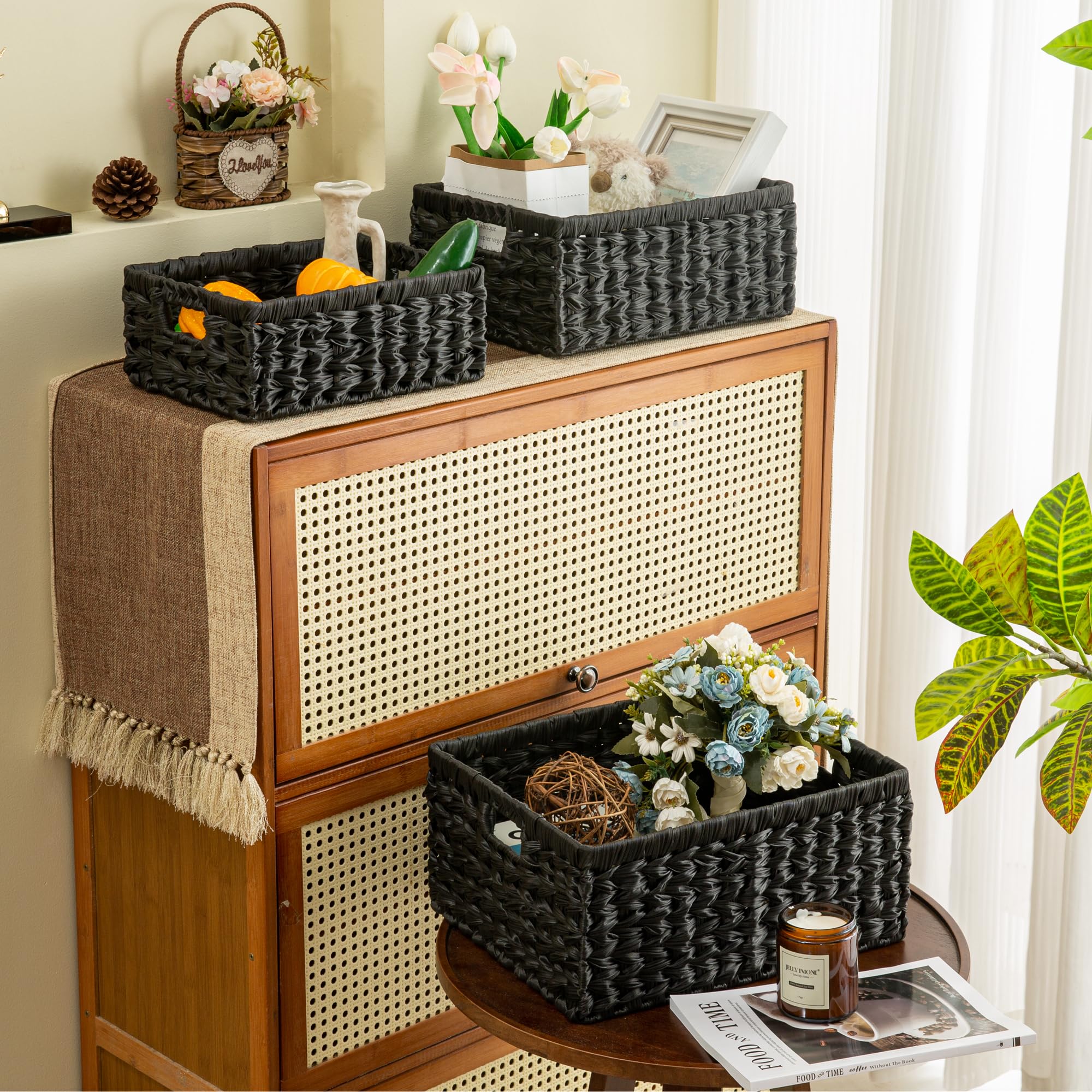 Homepeaz Set of 3 Wicker Storage Baskets, Decorative Baskets With Built-in Handles, Multipurpose Nesting Countertop Baskets for Shelves, Pantry, Kitchen Organizers, Bathroom, Toilet, Closet (Black)