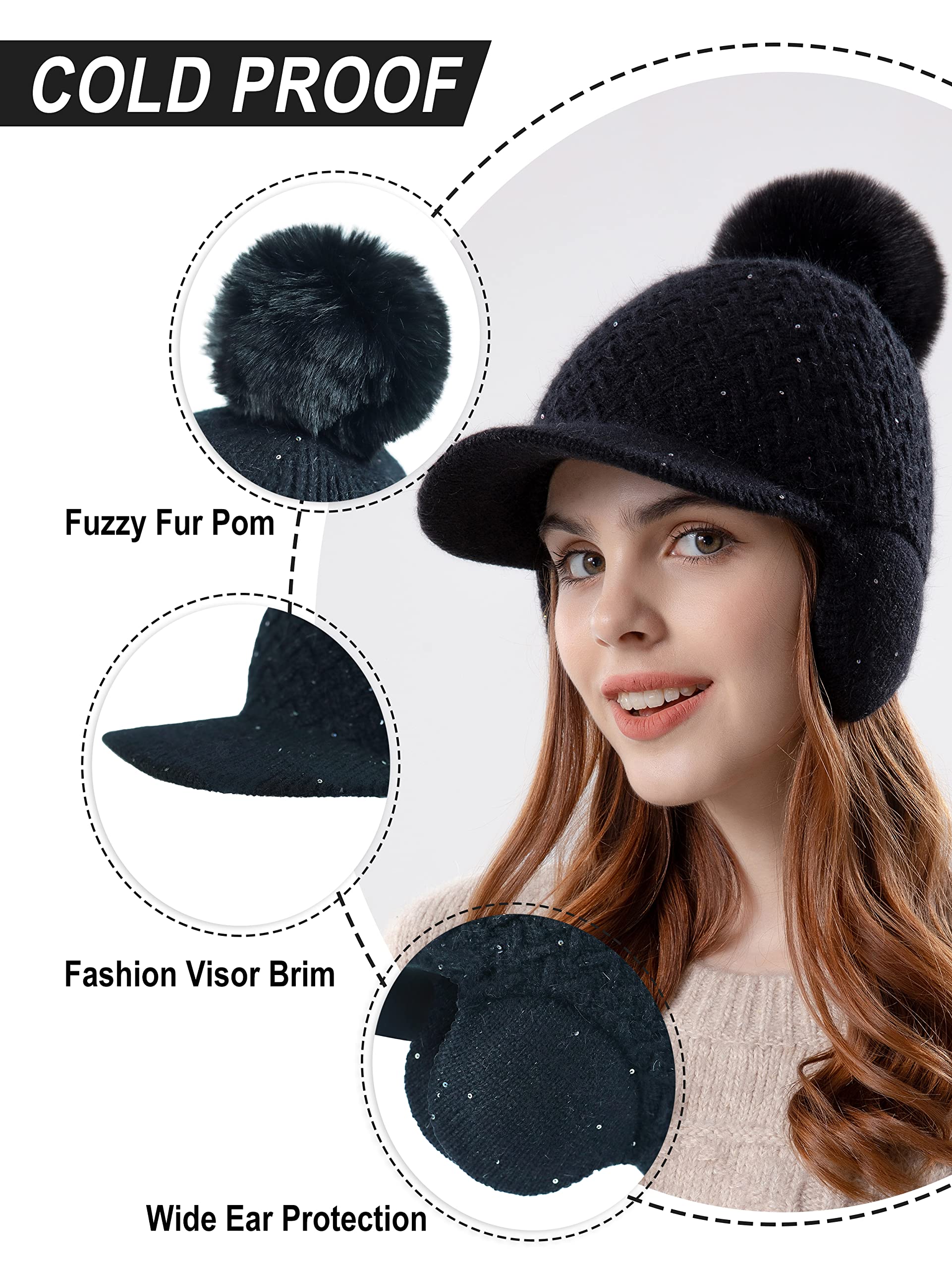 Koreshion Women Winter Beanie Hat with Faux Fur Pom Warm Earflap Sequins Knit Hat with Brim Black