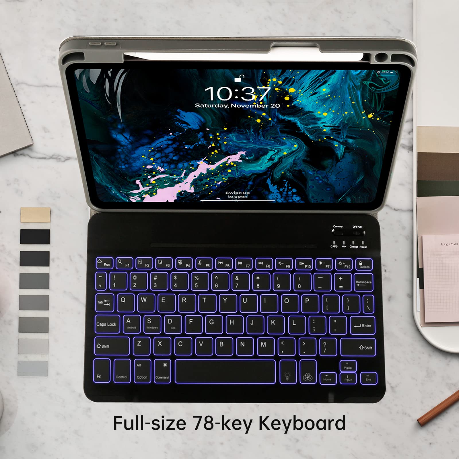 Keyboard Case for 11 Inch iPad Pro 3rd Gen 2021 / 2nd 2020 & iPad Air 4th Generation 10.9 Inch, Detachable Wireless BT Keyboard 7 Color Backlit, Tablet Cover with Pencil Holder - Silver