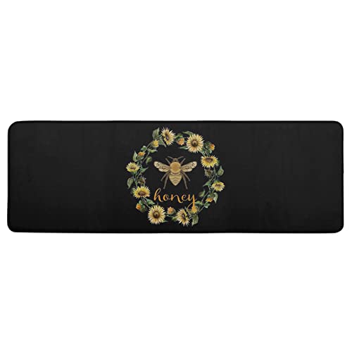 LAMANDA Kitchen Rug and Mat Set Farm Bee Sunflower on Black,Non Slip Bath Rugs Water Absorption Floor Doormat Vintage Bumblebee Floral Wreath,Washable Area Runner for Laundry Bathroom Living Room