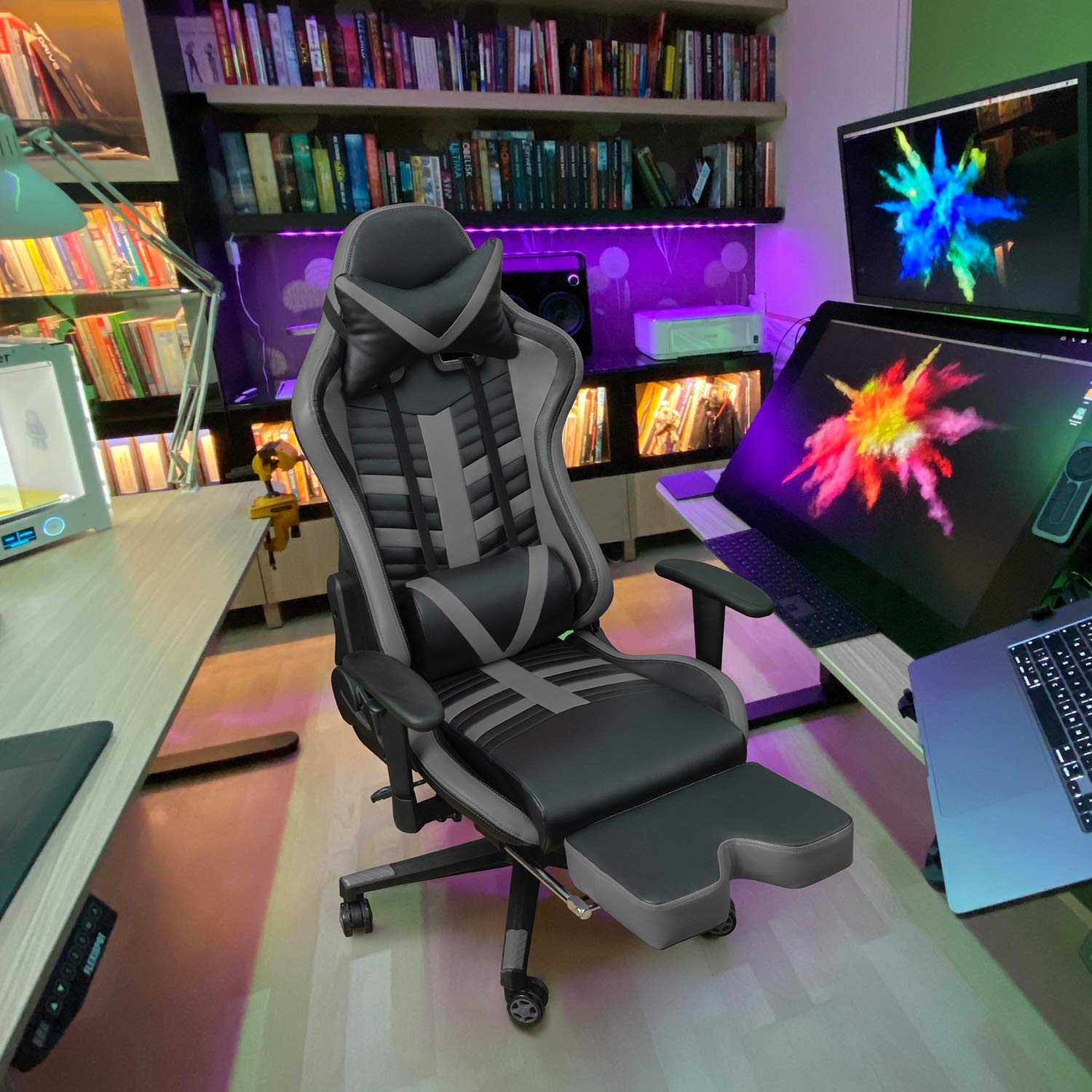 Homall Ergonomic High-Back Racing Chair | Leather Bucket Seat, Headrest, Footrest and Lumbar Support | Black & White