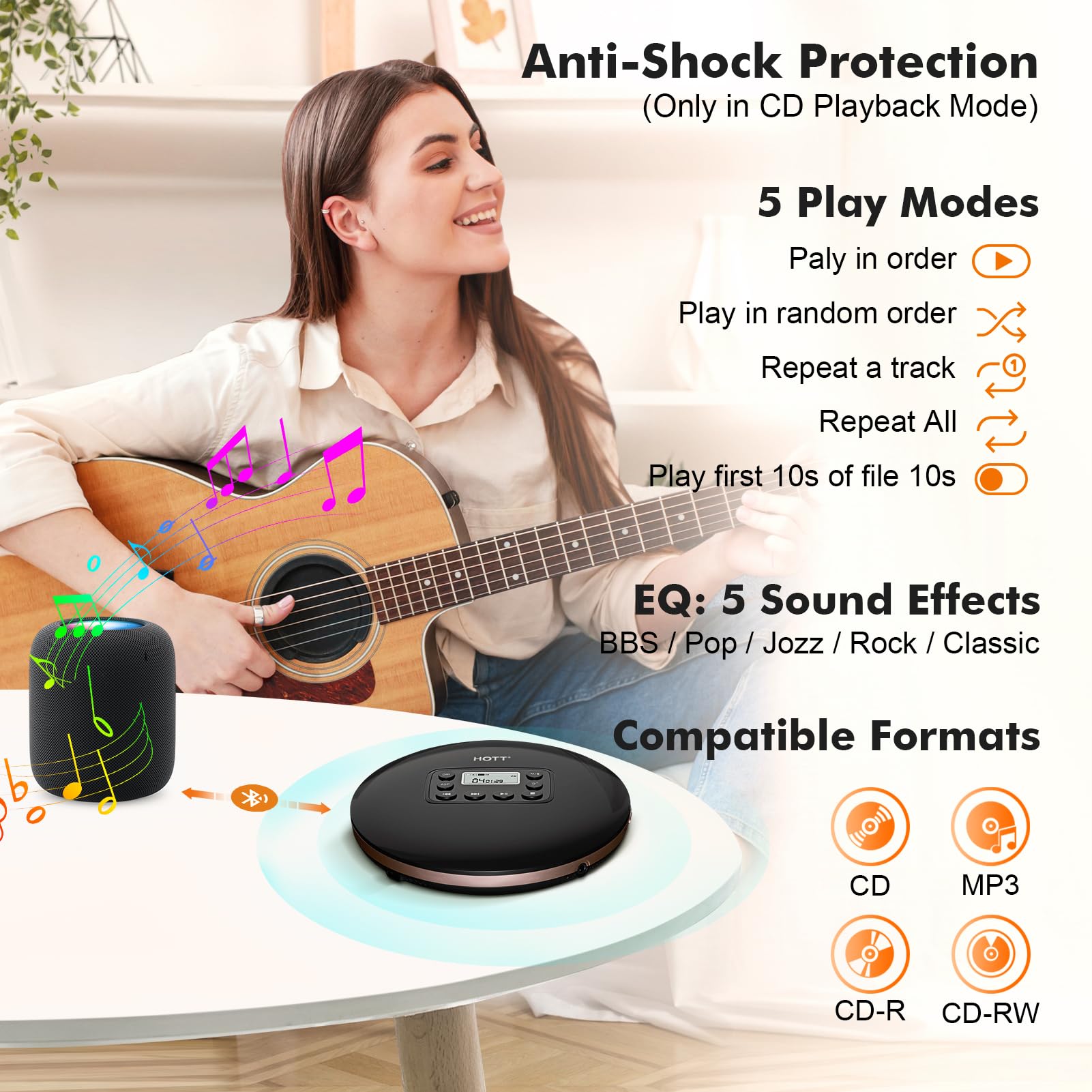 HOTT CD Player Portable with Bluetooth, Portable CD Player, CD-R,MP3 USB Rechargeable Walkman CD Player with Headphones and AUX Cable for Car Travel, Discman CD Player with Shockproof (CD711T)