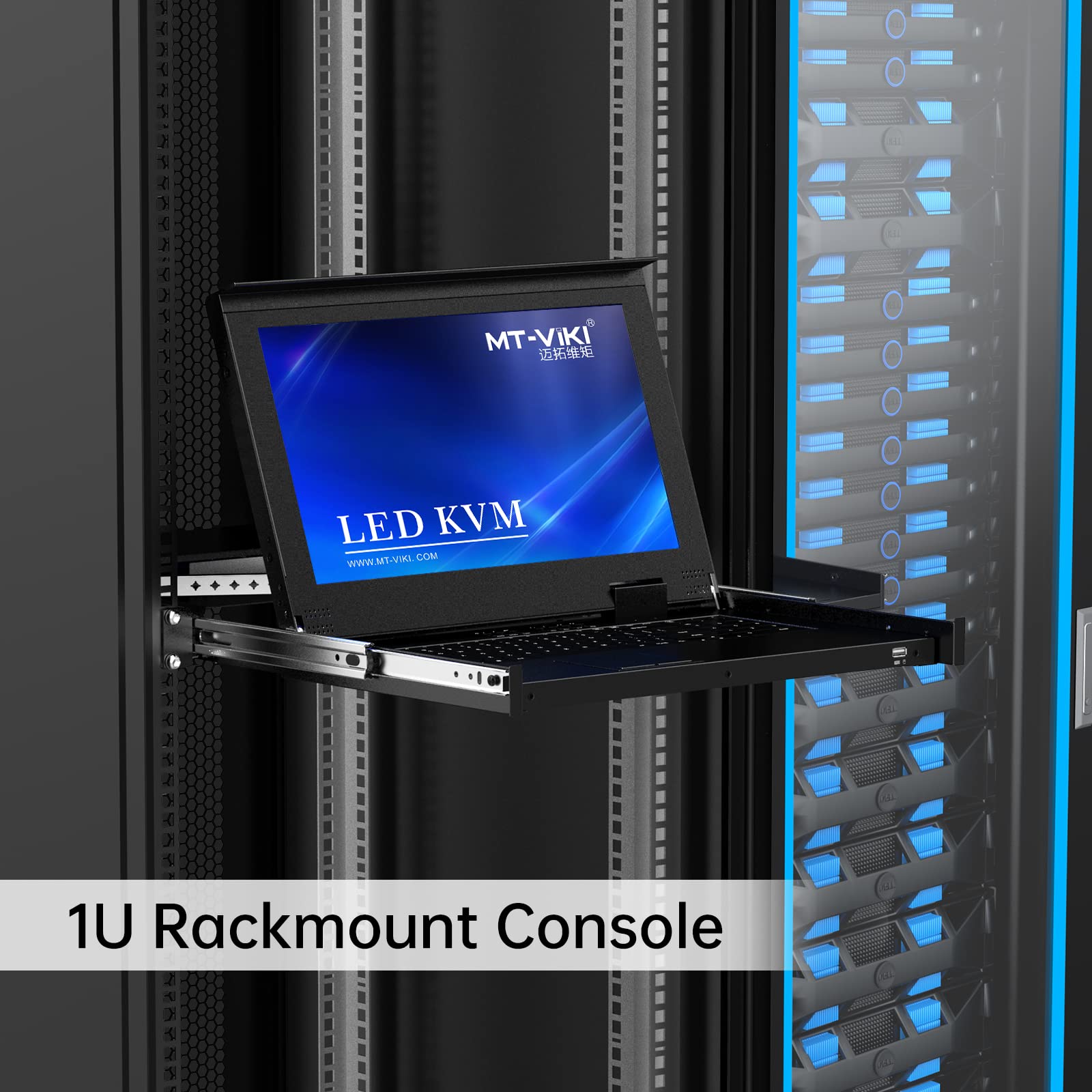 MT-VIKI 1U Rack Mount KVM Console, 8 Port KVM VGA Switch w/15.6'' LCD Monitor, 1080P, Mount into 23.6-31.5 inch deep Server Cabinet, Integrated Touchpad+Keyboard+8 KVM Cables