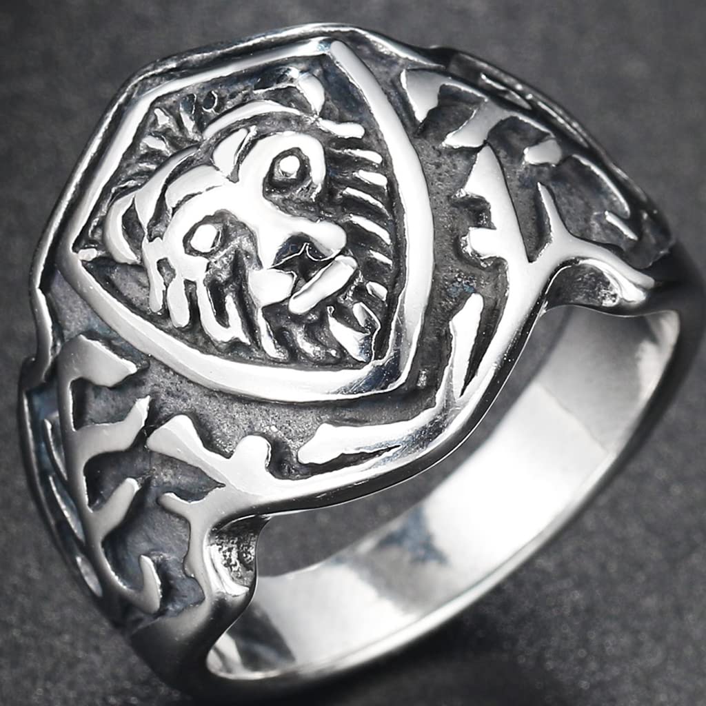 Jude Jewelers Retro Vintage Stainless Steel Medieval Shield Lion Style Biker Party Ring (Silver, 9)