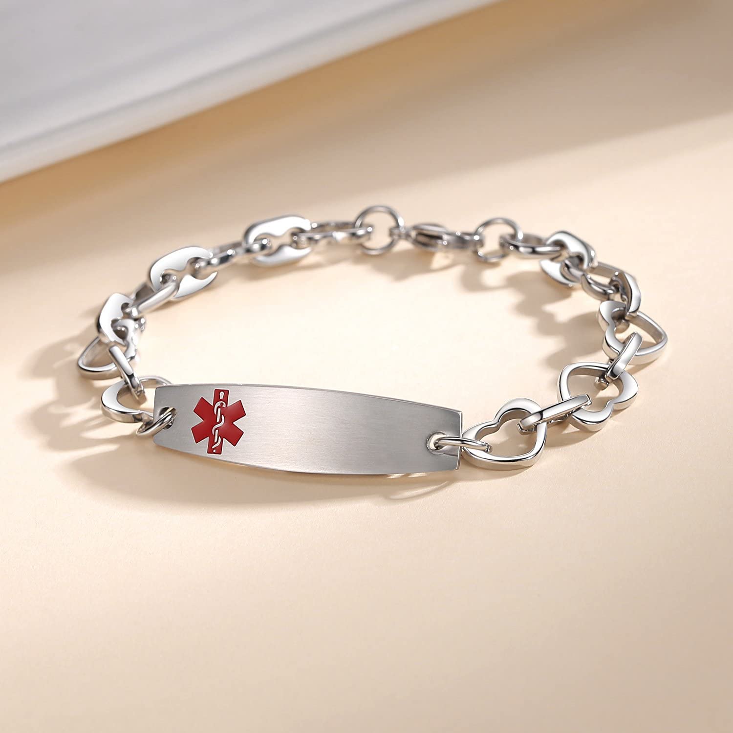 mnmoom 7 1/2 in Heart Medical Alert Bracelets for Women Stainless Steel id bracelets with Free custom engraving (Silver/PACEMAKER)