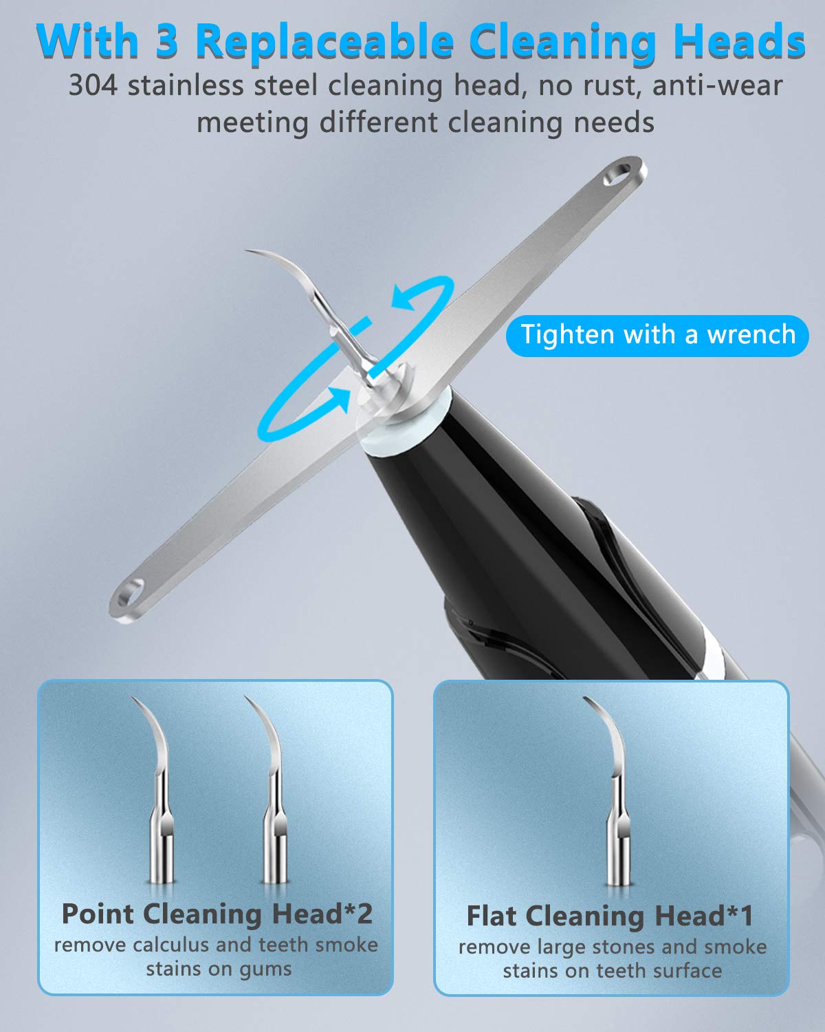 Plaque Remover for Teeth Cleaning Kit, Tartar Remover for Teeth Dental Tools with LED 3 Adjustable Modes 2 Replaceable Clean Heads Safe for Adult Kids Blue