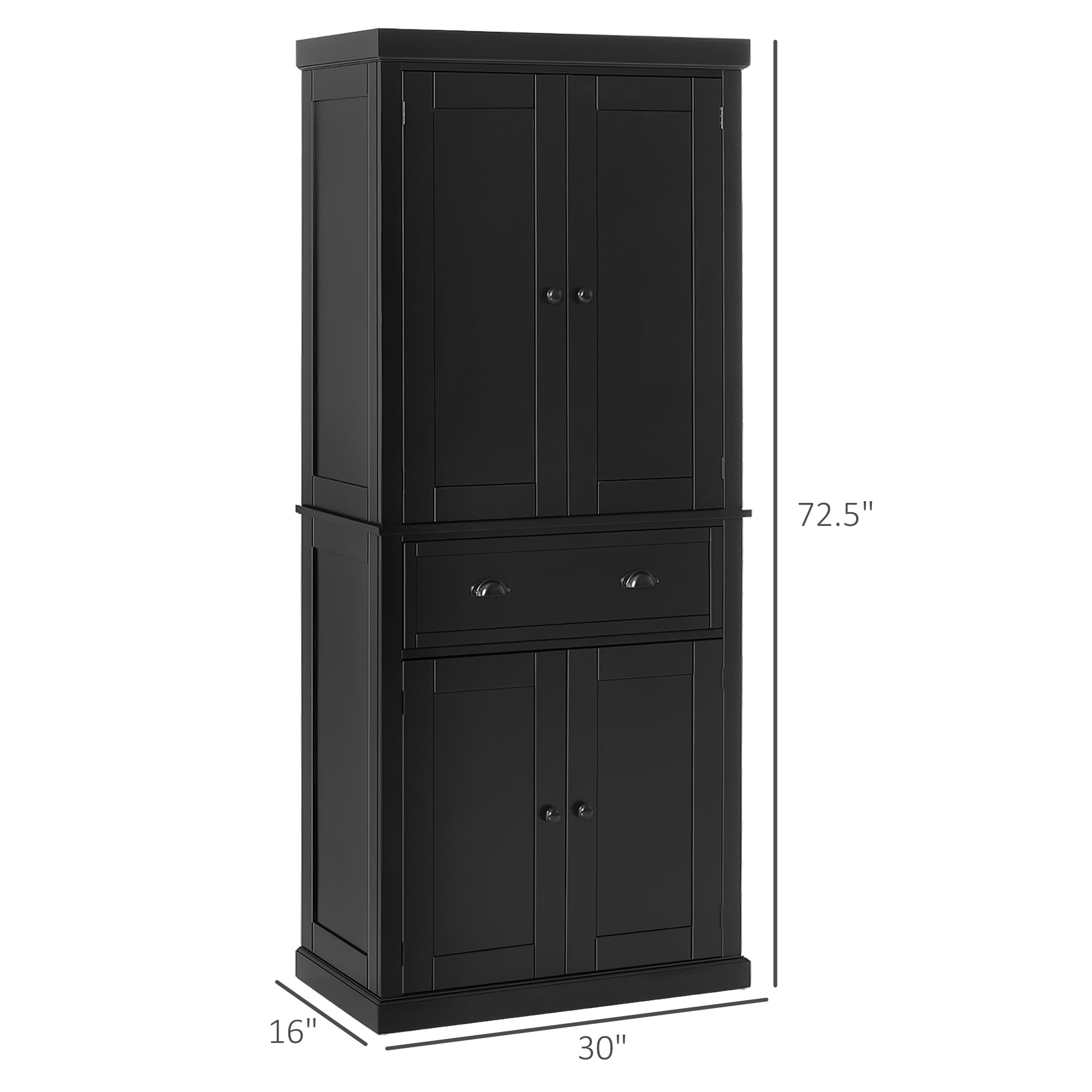 HOMCOM 72.5" Kitchen Pantry Cabinet, Traditional Freestanding Storage Cabinet with 4 Doors, Drawer and 3 Adjustable Shelves for Dining Room, Brown
