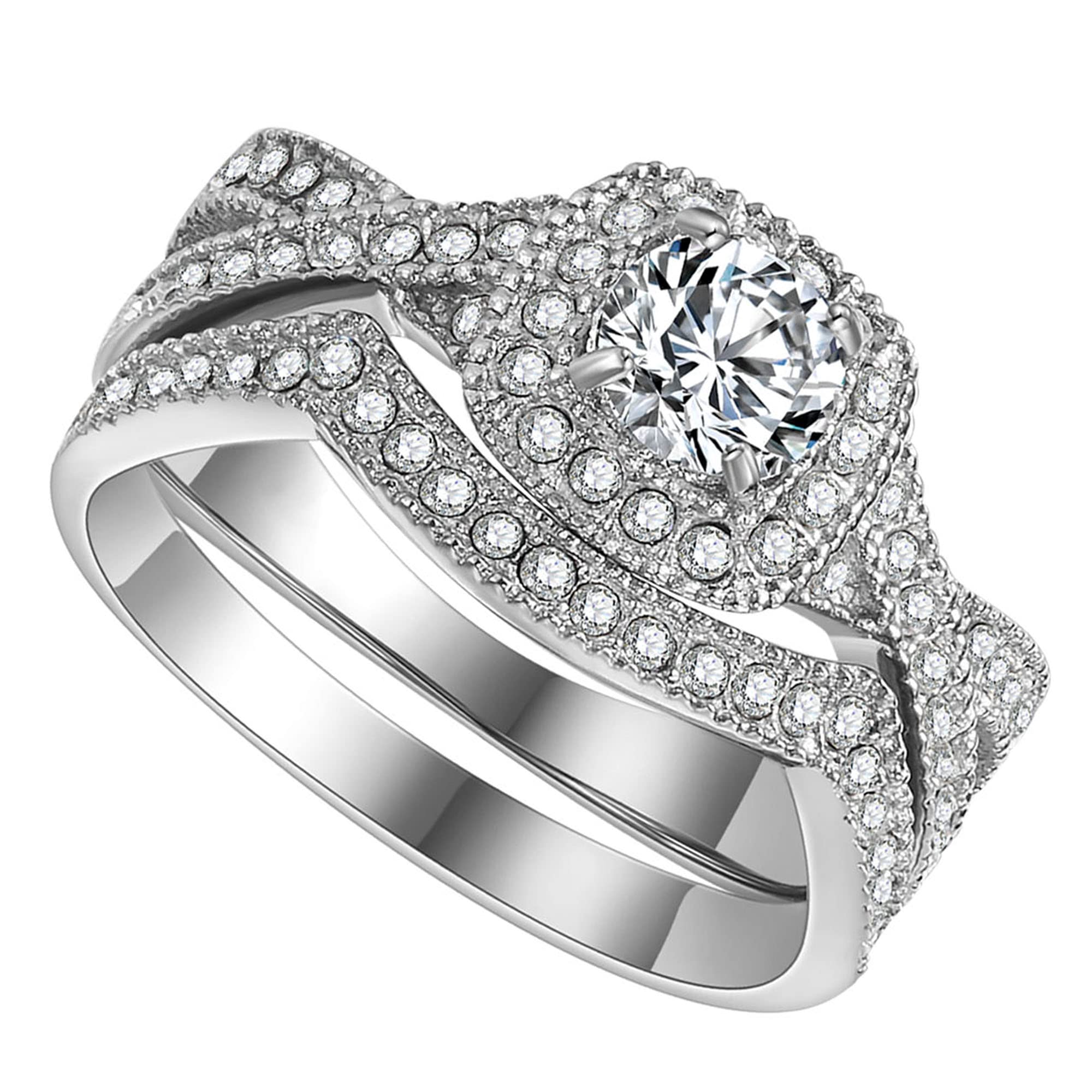 Loyufevr Stainless Steel Wedding Engagement Eternity Women Ring Sets Infinity Round CZ Halo Bridal Size 9, White, (KH_368_70)