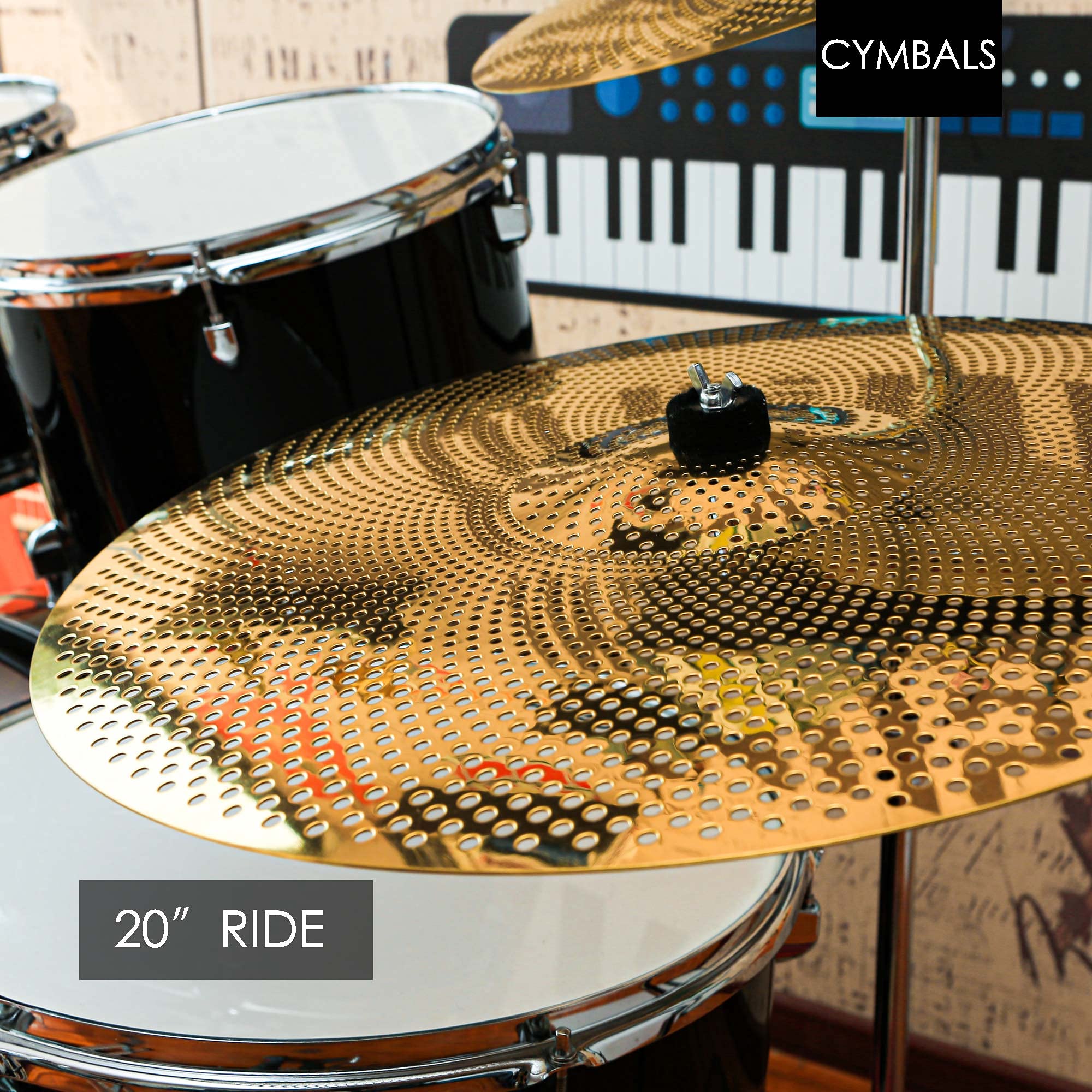 Low Volume Ride Cymbal, 20 inches Practice Ride Cymbal, Quiet Ride Cymbal (20'', Gold)