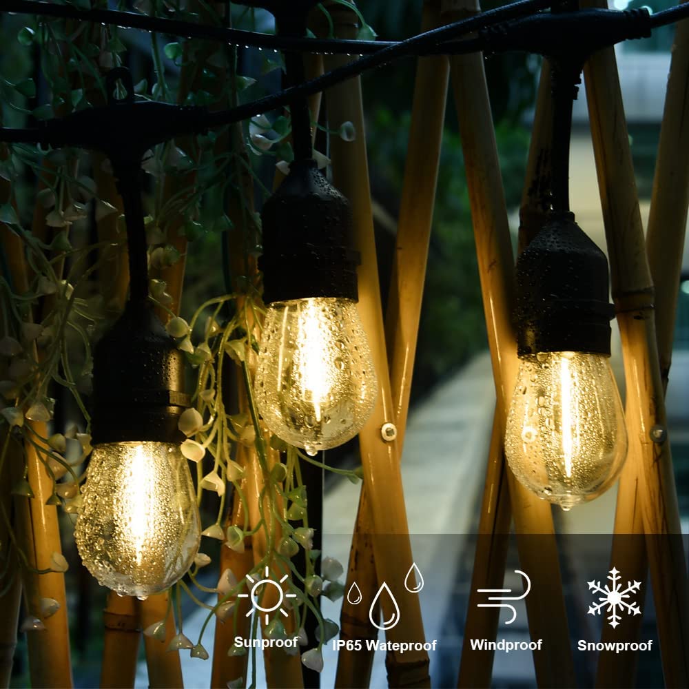 Outdoor String Lights LED 100FT Commercial Grade Heavy Duty with 30 Sockets 32 Shatterproof Include 2 Spare S14 Dimmable Plastic Edison Bulbs For Patio Market Cafe