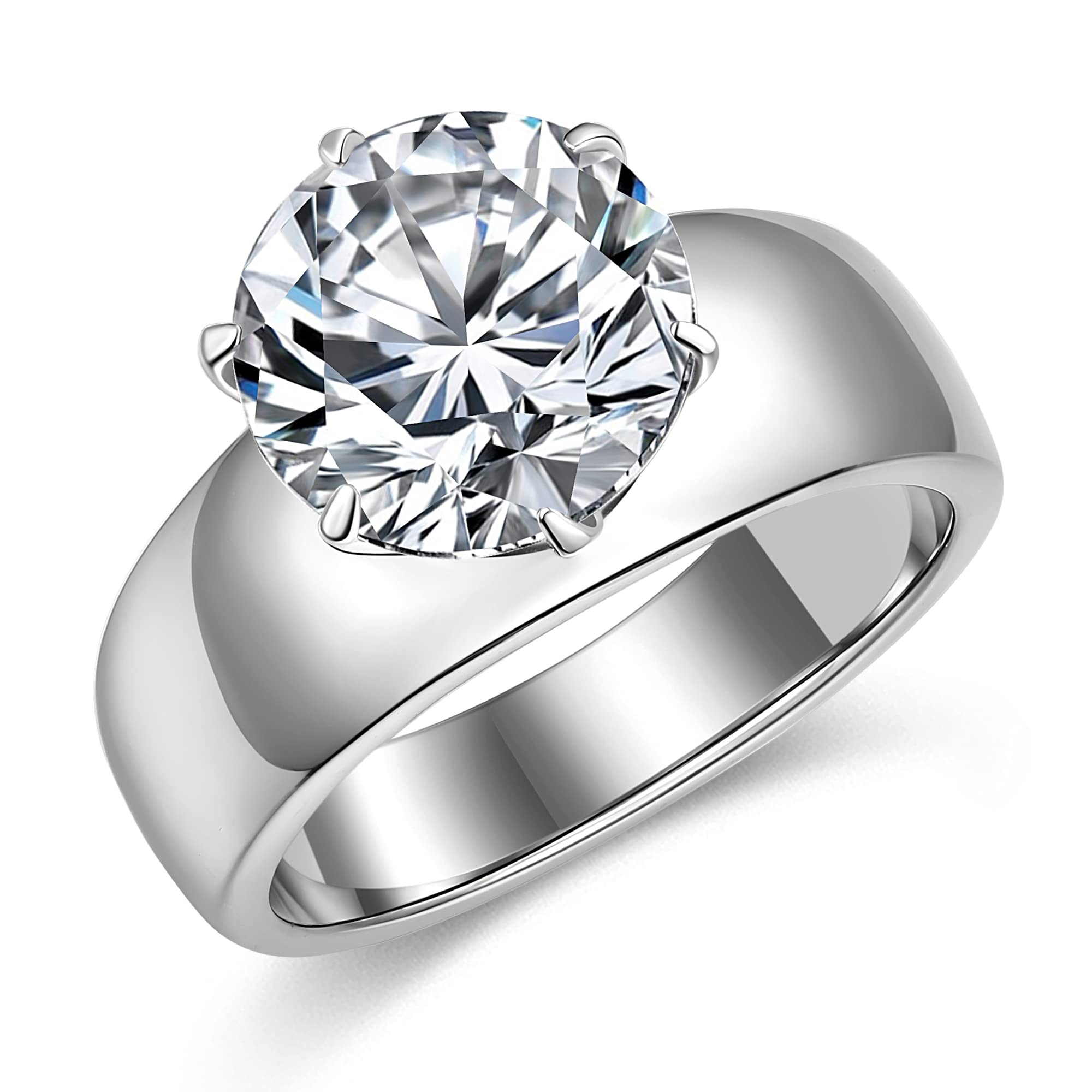 Loyufevr Stainless Steel Wedding Engagement 4 Carat Round CZ Women Wedding Solitaire Promise Bridal Ring (7) White
