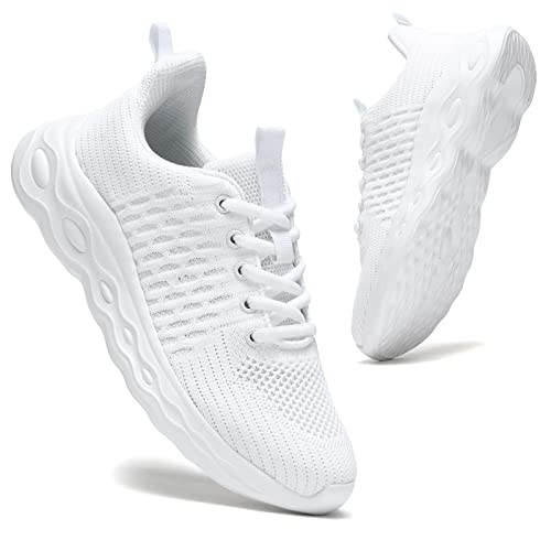 Kvovzo Womens Lace up Tennis Shoes Non Slip Lightweight Work Gym Shoes Ladies Walking Running Sport Sneakers White